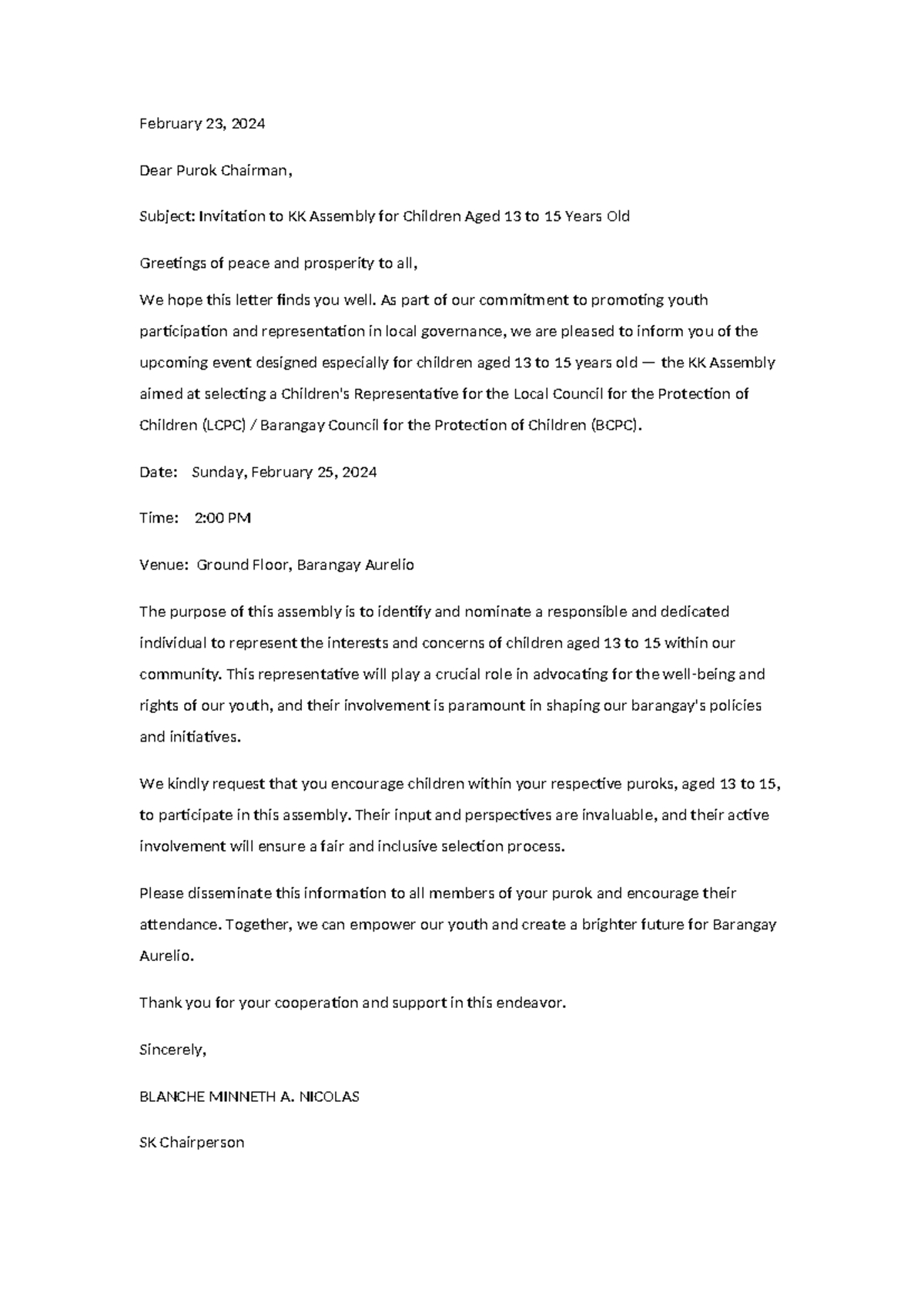 Invitation to KK Assembly for Youth 13-15 Years - Feb 25, 2024 - Studocu