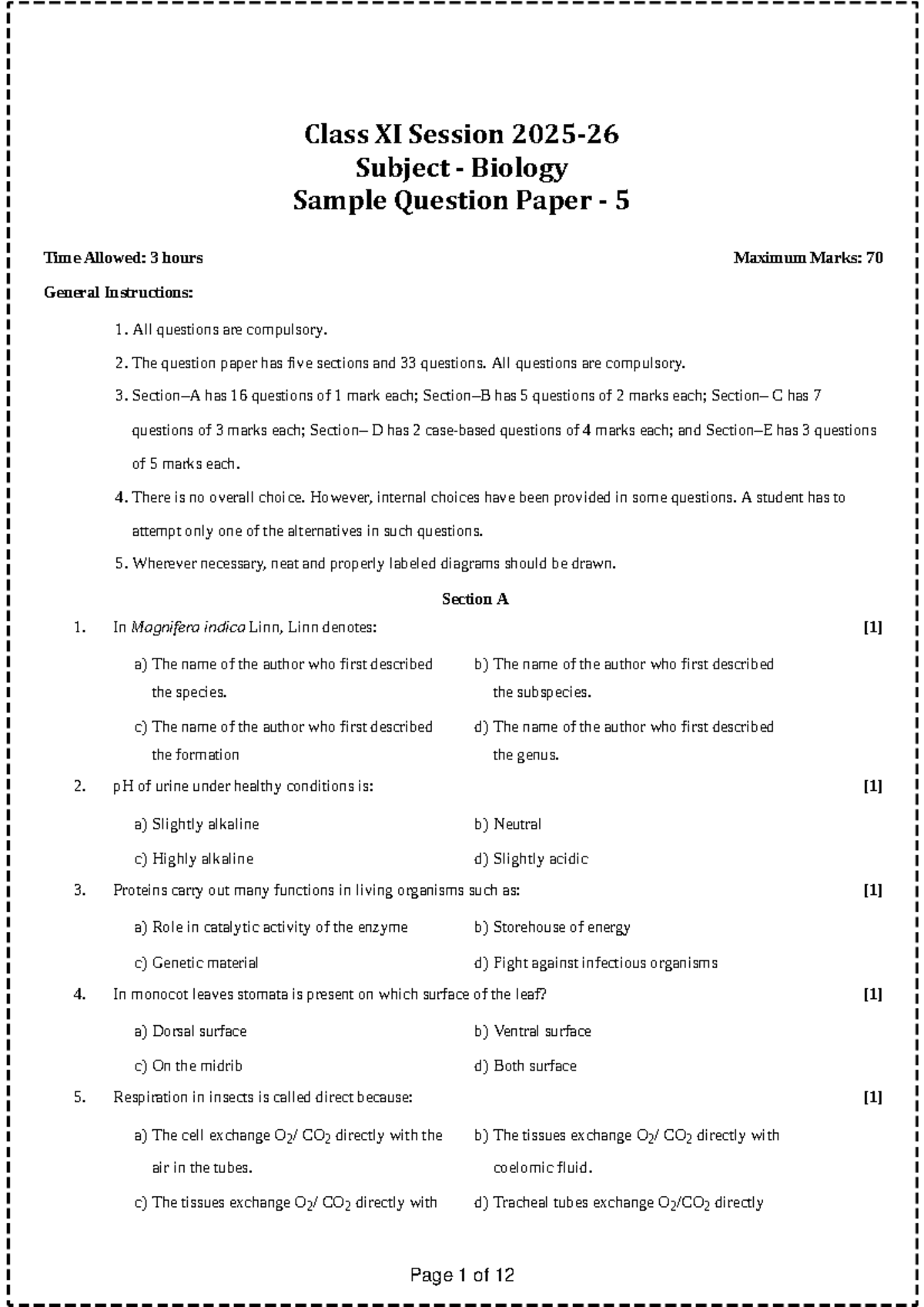 Biology 11 SP5 - Class XI Sample Question Paper - Studocu