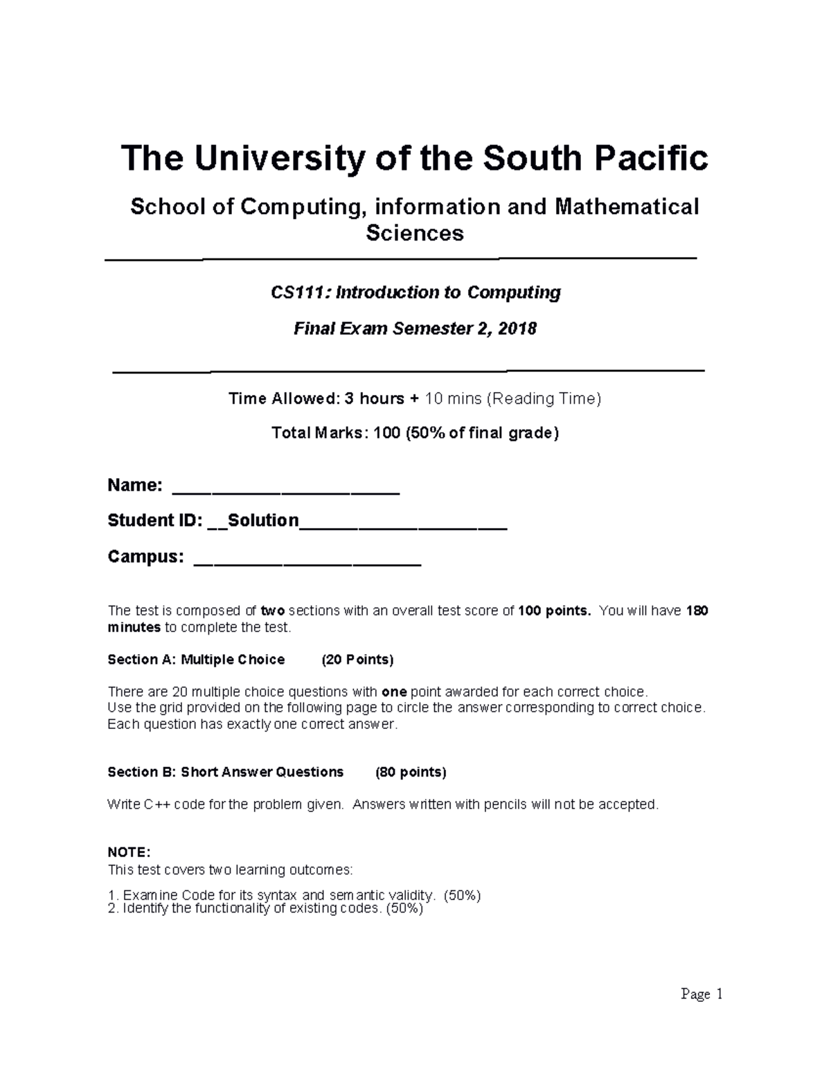 CS111 Final Exam solution SEM2 2018 - The University of the South ...