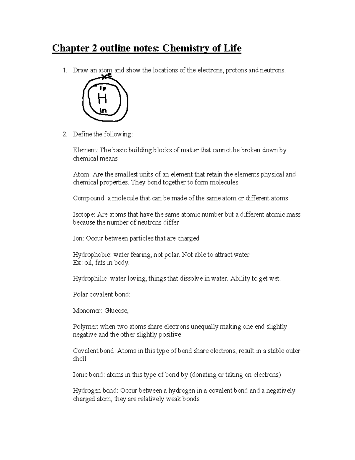 Chapter 2 Outline: Chemistry of Life - Studocu