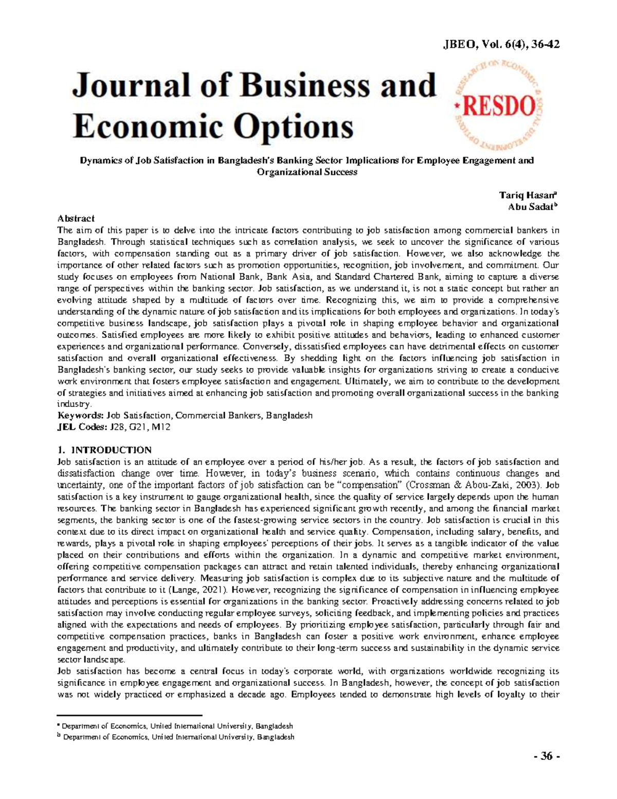 JBEO 6(4): Dynamics of Job Satisfaction in Bangladesh's Banking Sector ...