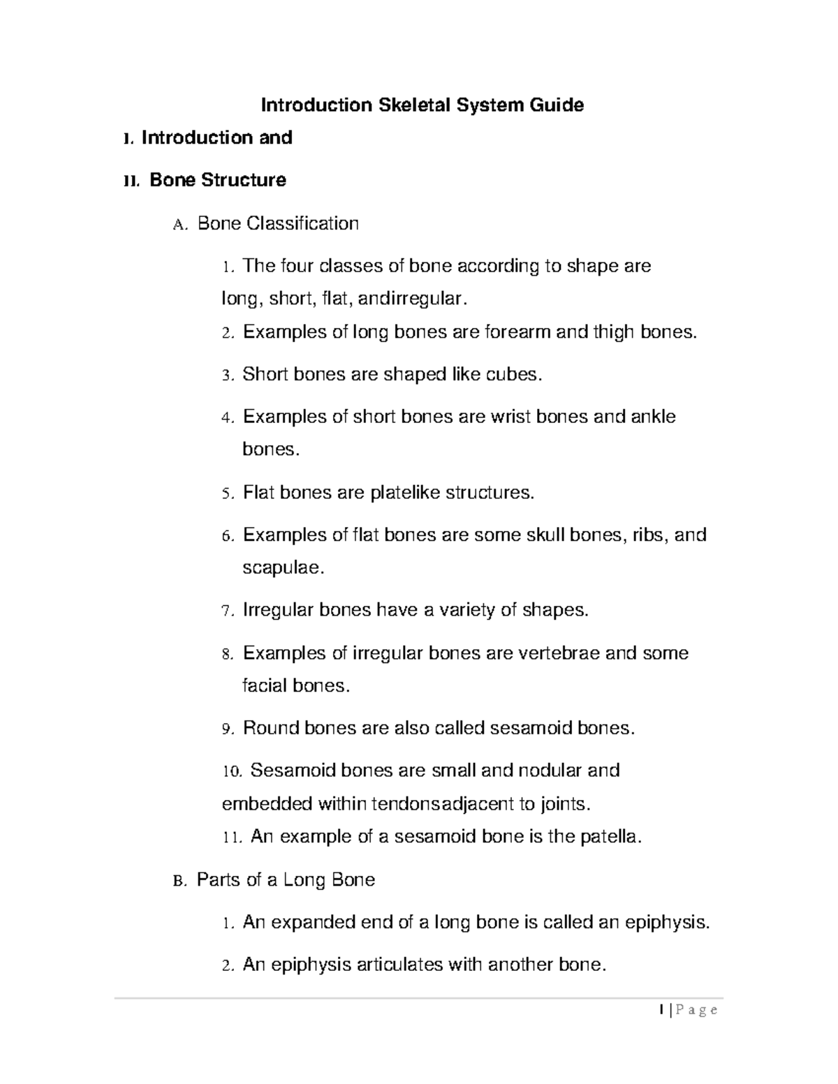 Introduction Skeletal System Guide - Introduction and II. Bone ...