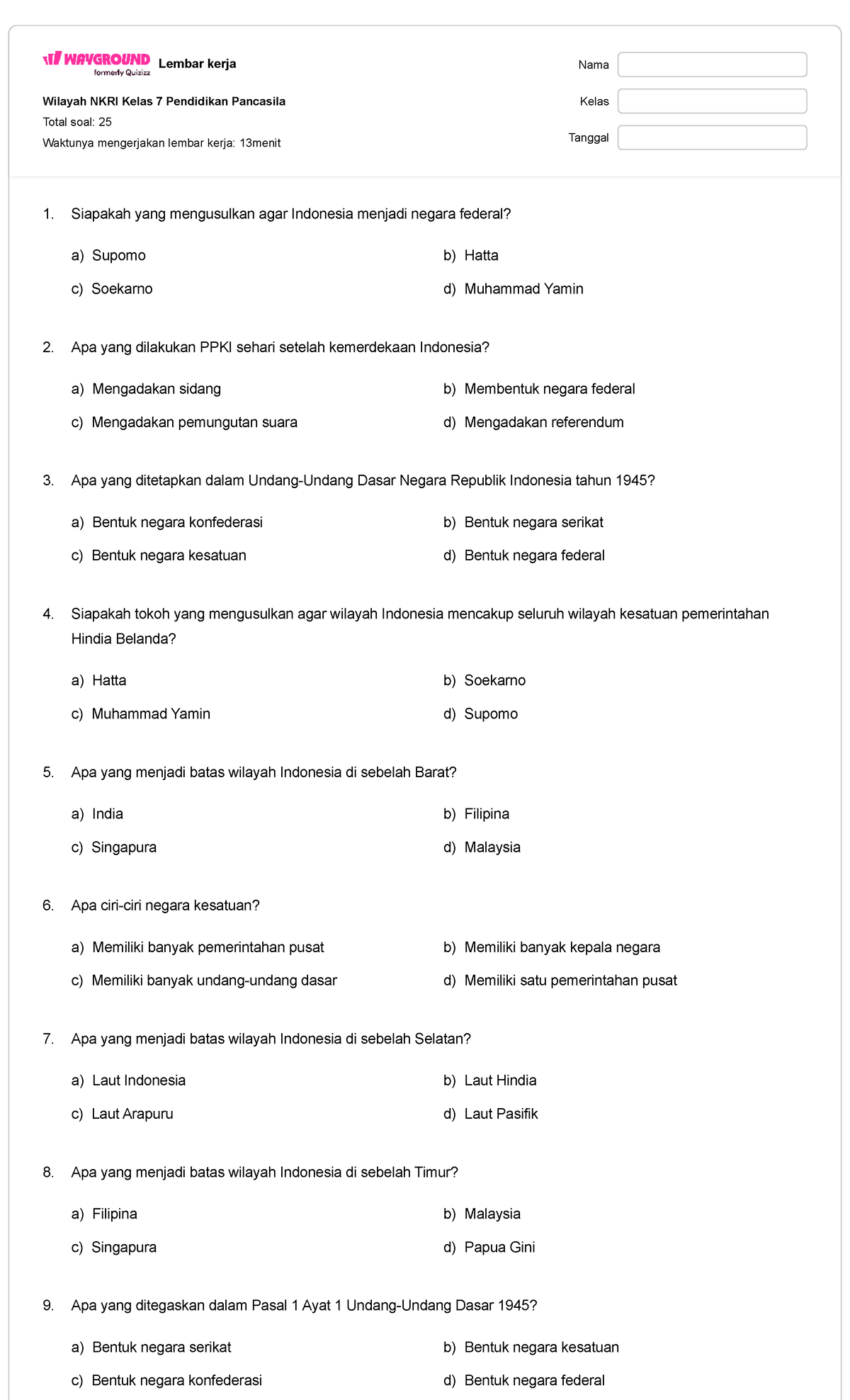 Lembar Kerja Wilayah NKRI Kelas 7 Pancasila - Total Soal 25 - Studocu
