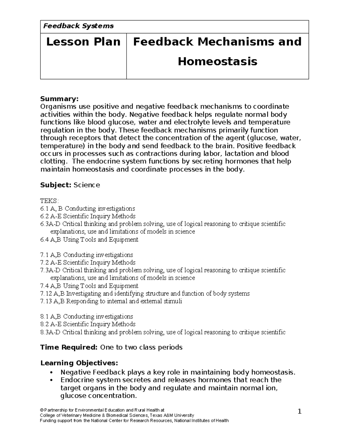 Lesson Plan: Feedback Mechanisms in Homeostasis (Science TEKS 6.1-8.2 ...