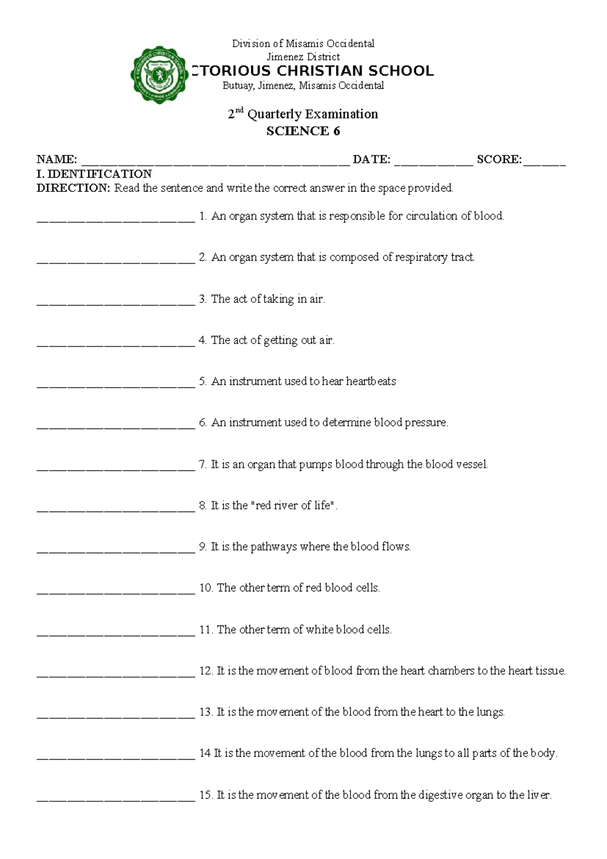 SCI 6 2nd Quarterly Exam Review - Circulatory System Concepts - Studocu