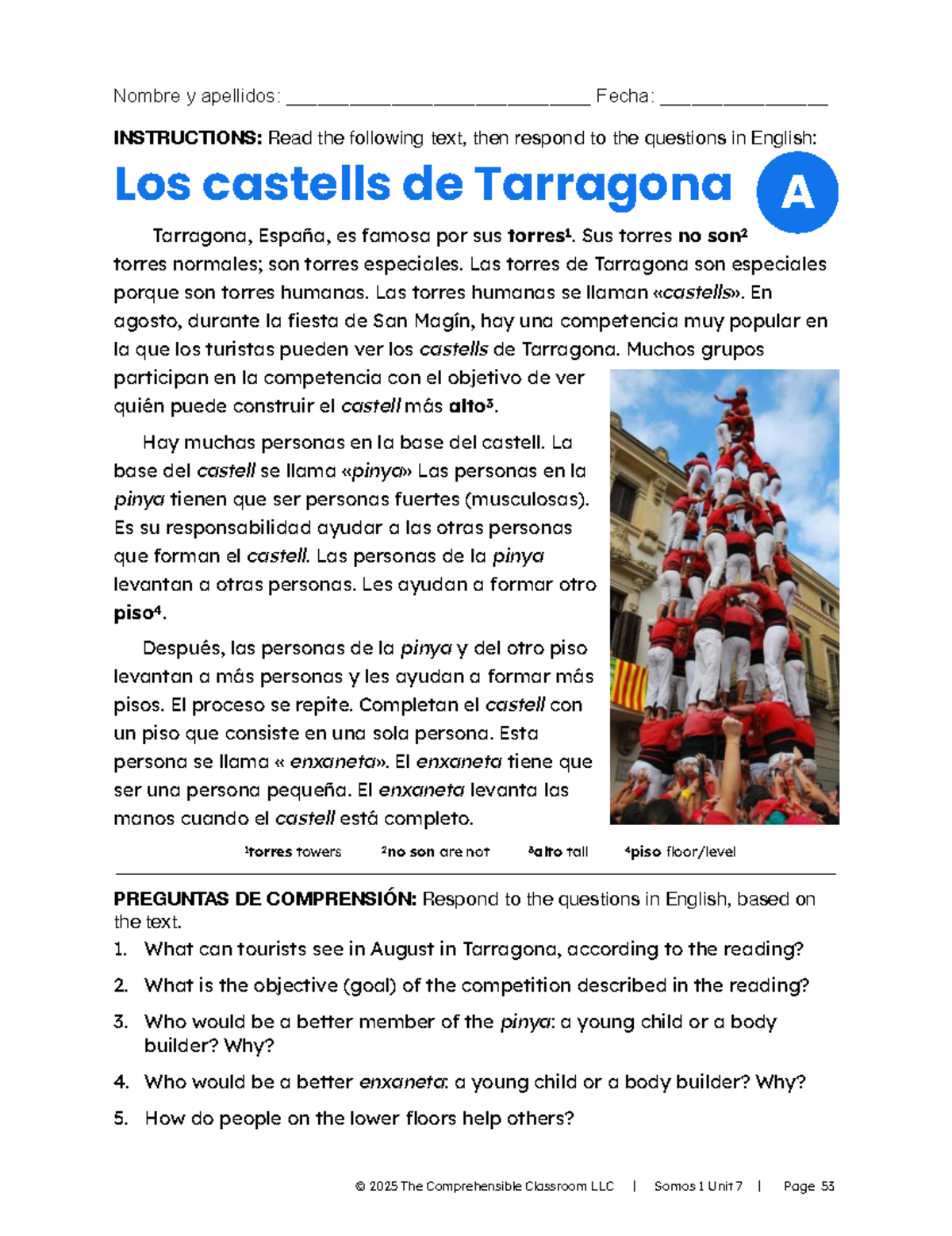 Castells de Tarragona: Article for Ordering and Comprehension Questions ...