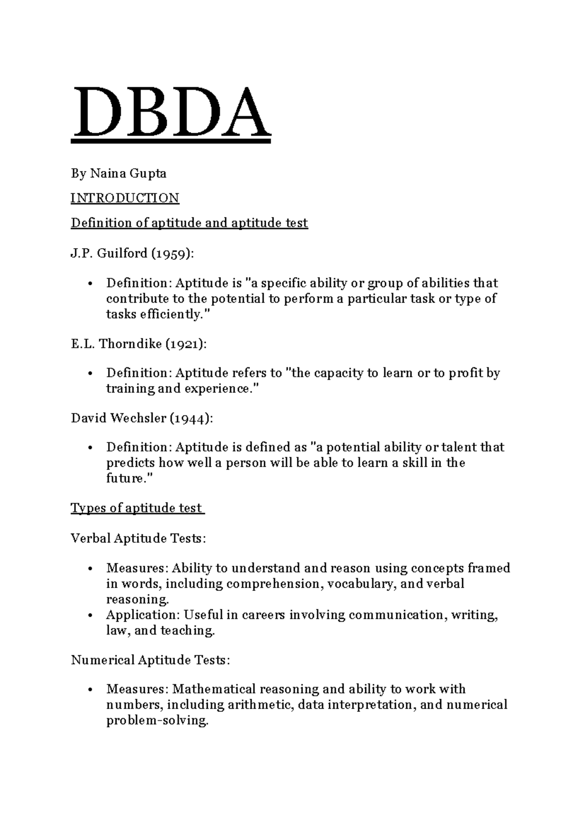 DBDA: Comprehensive Overview of Aptitude Testing and Analysis - Studocu