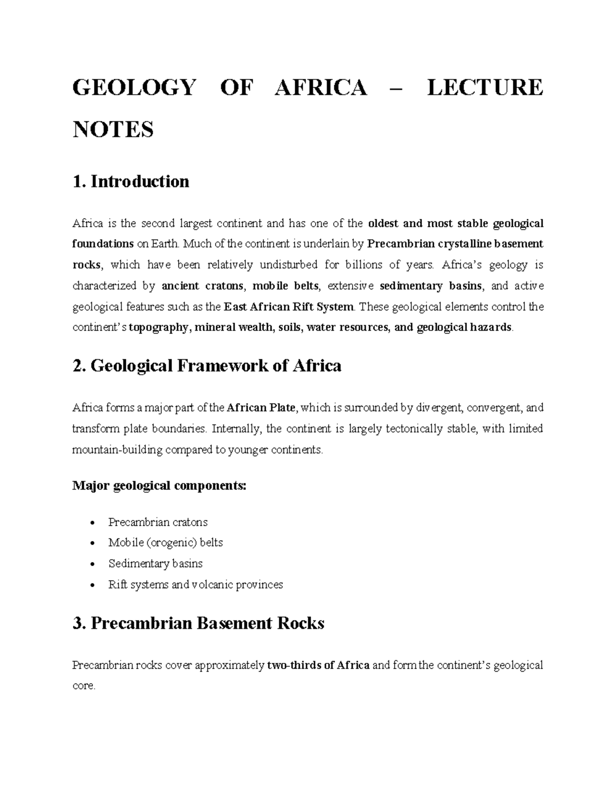 GEOLOGY OF AFRICA LECTURE NOTES: Overview & Key Concepts - Studocu