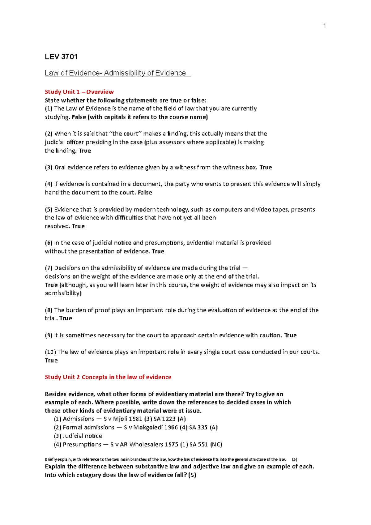LEV 3701 Law of Evidence: Comprehensive Summary Notes - Studocu