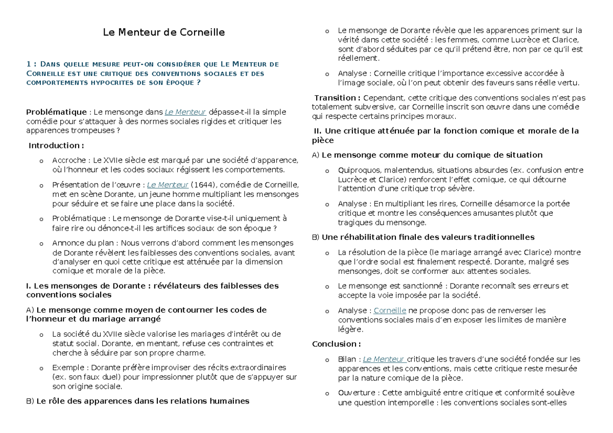 Sujets de Dissertation sur Le Menteur de Corneille : Analyse et ...
