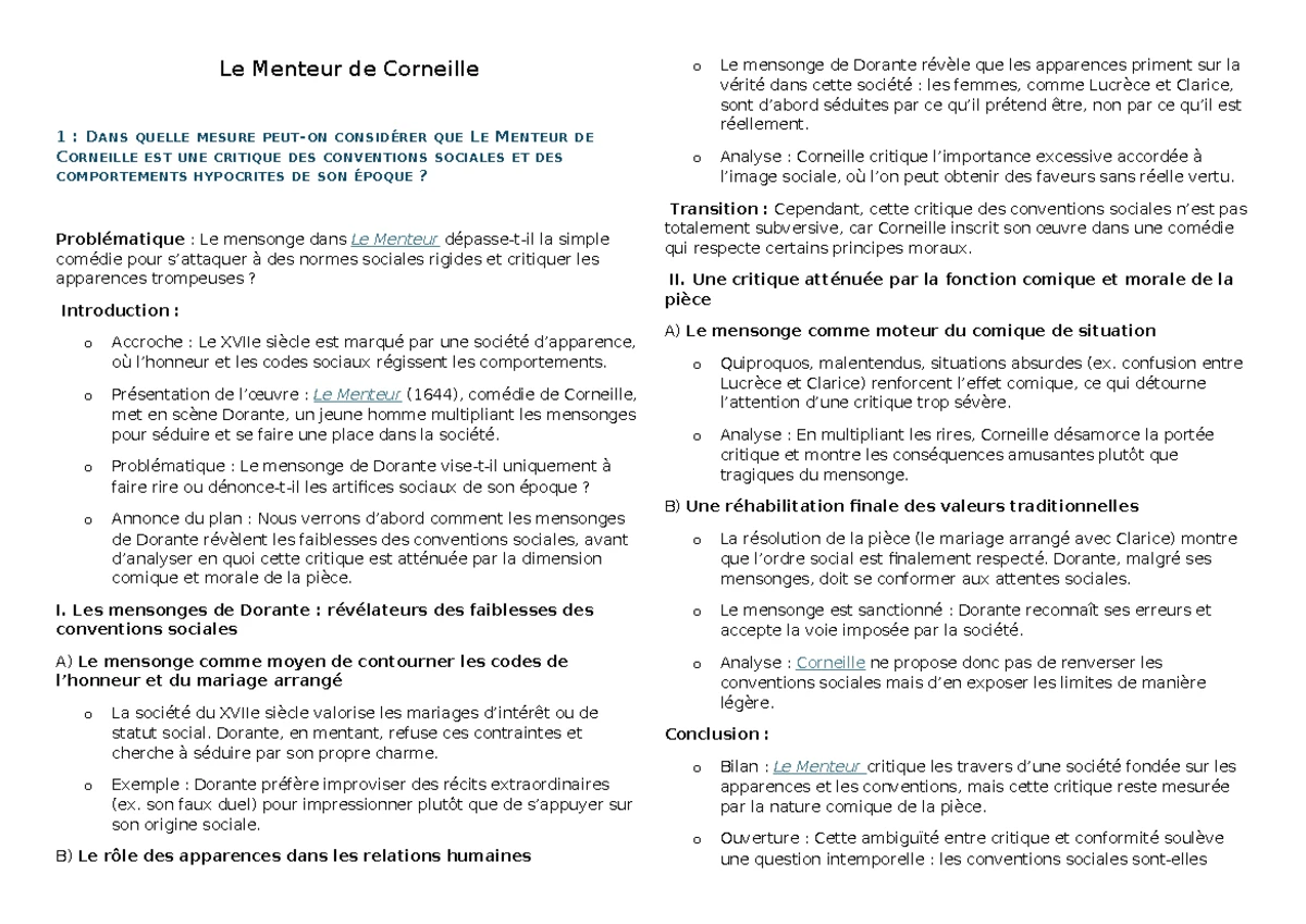 Fiche de lecture: Le Menteur de Corneille - Analyse Bac 2023 - Studocu