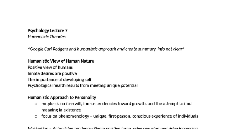 Psychology Lecture 7: Humanistic Theories & Carl Rogers Insights - Studocu