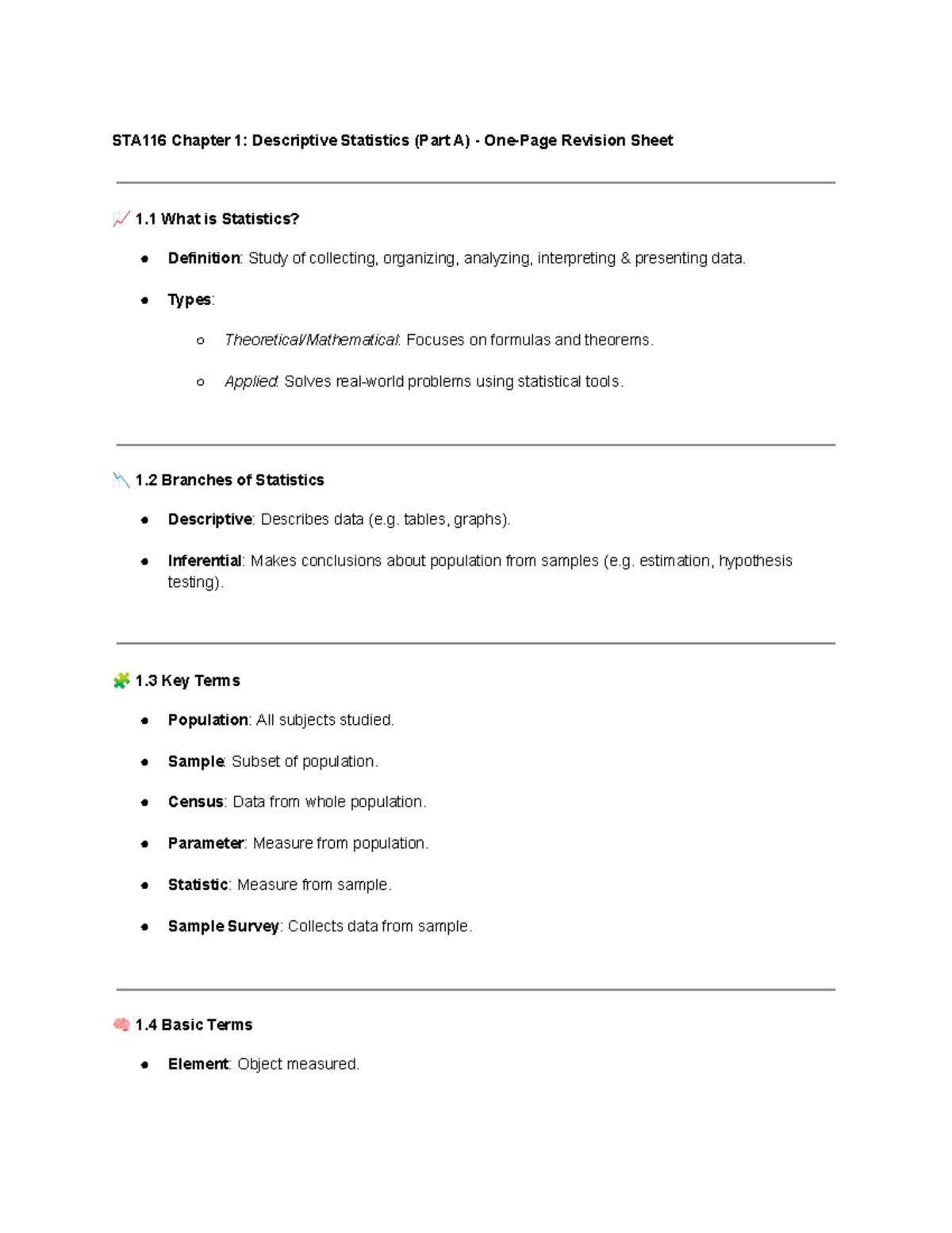 STA116 Chapter 1: Descriptive Statistics Revision Summary Guide - Studocu