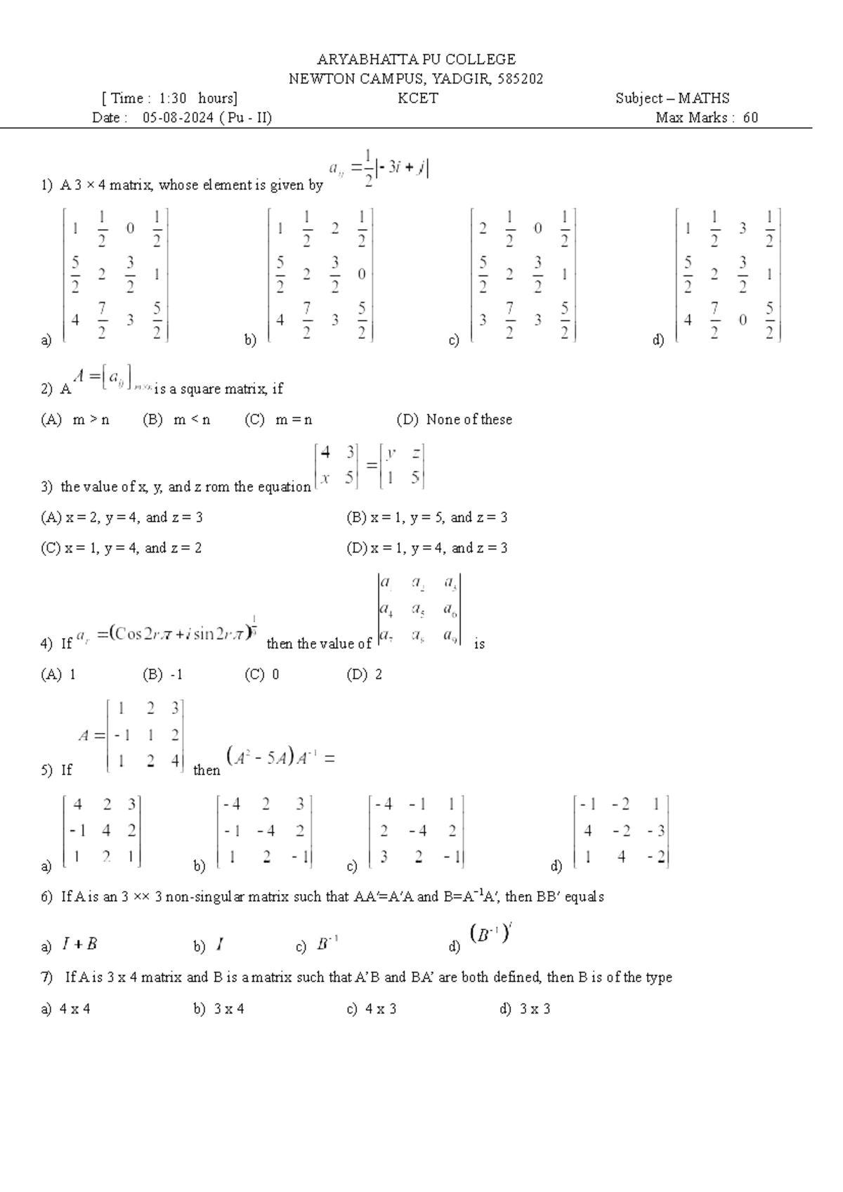 Maths KCET Exam Questions and Solutions - Aryabhatta PU College - Studocu