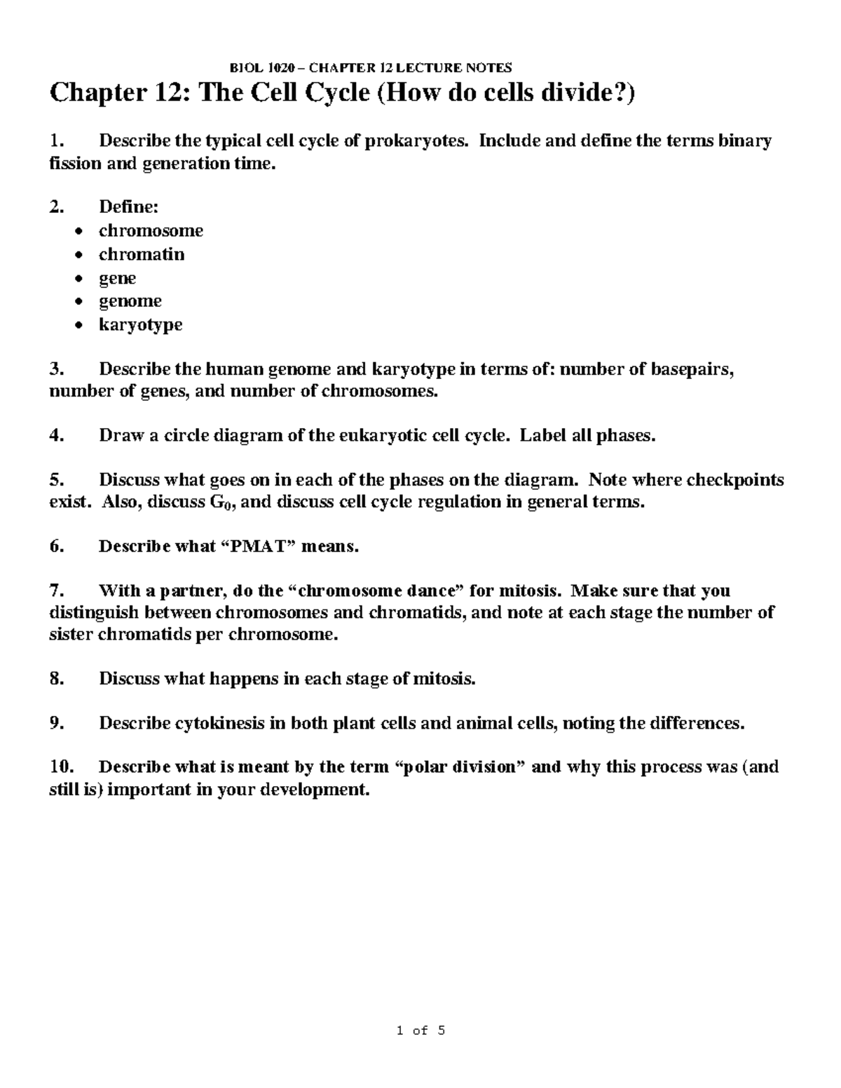 Chapter 12 - Lecture notes 12 - Chapter 12: The Cell Cycle (How do ...