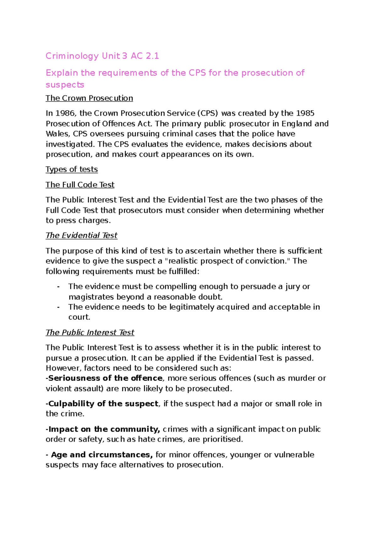 Criminology Unit 3 AC 2.1: CPS Prosecution Requirements Explained - Studocu