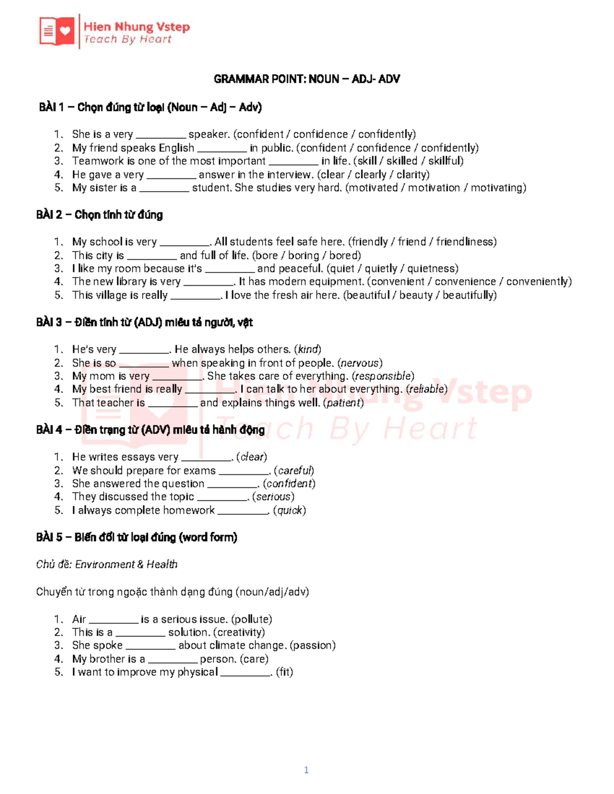 Grammar Point: Noun, Adjective, Adverb Exercises (BÀI 1-5) - Studocu