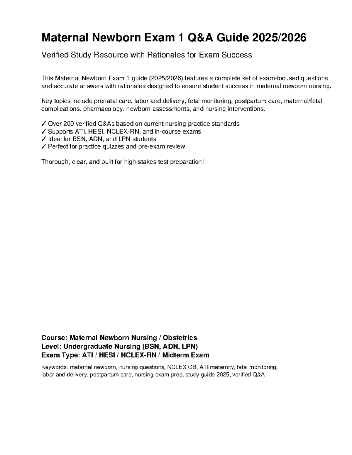 Maternal Newborn Nursing Exam 1 Study Guide 2025: Key Concepts ...