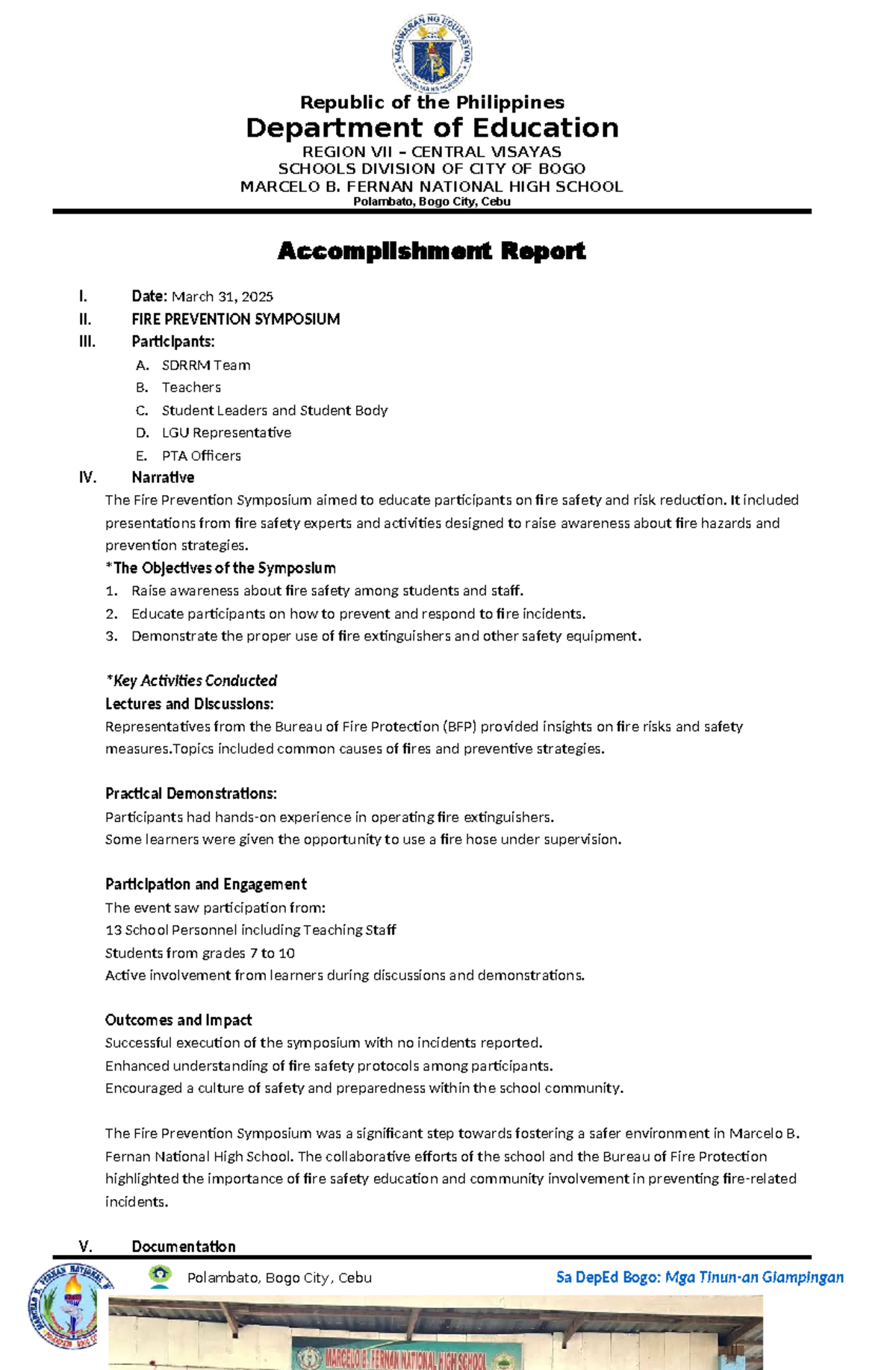 Accomplishment Report: Fire Prevention Symposium DRR 3 - Studocu