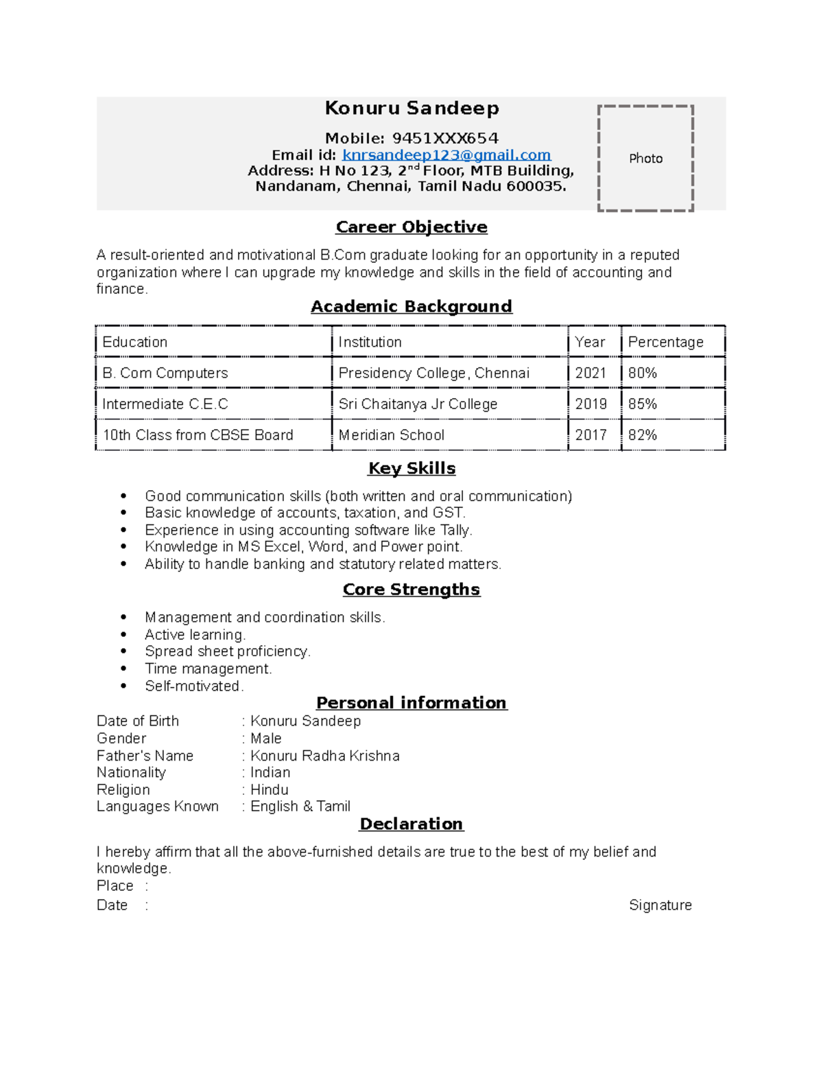 Resume Format For Mca Student