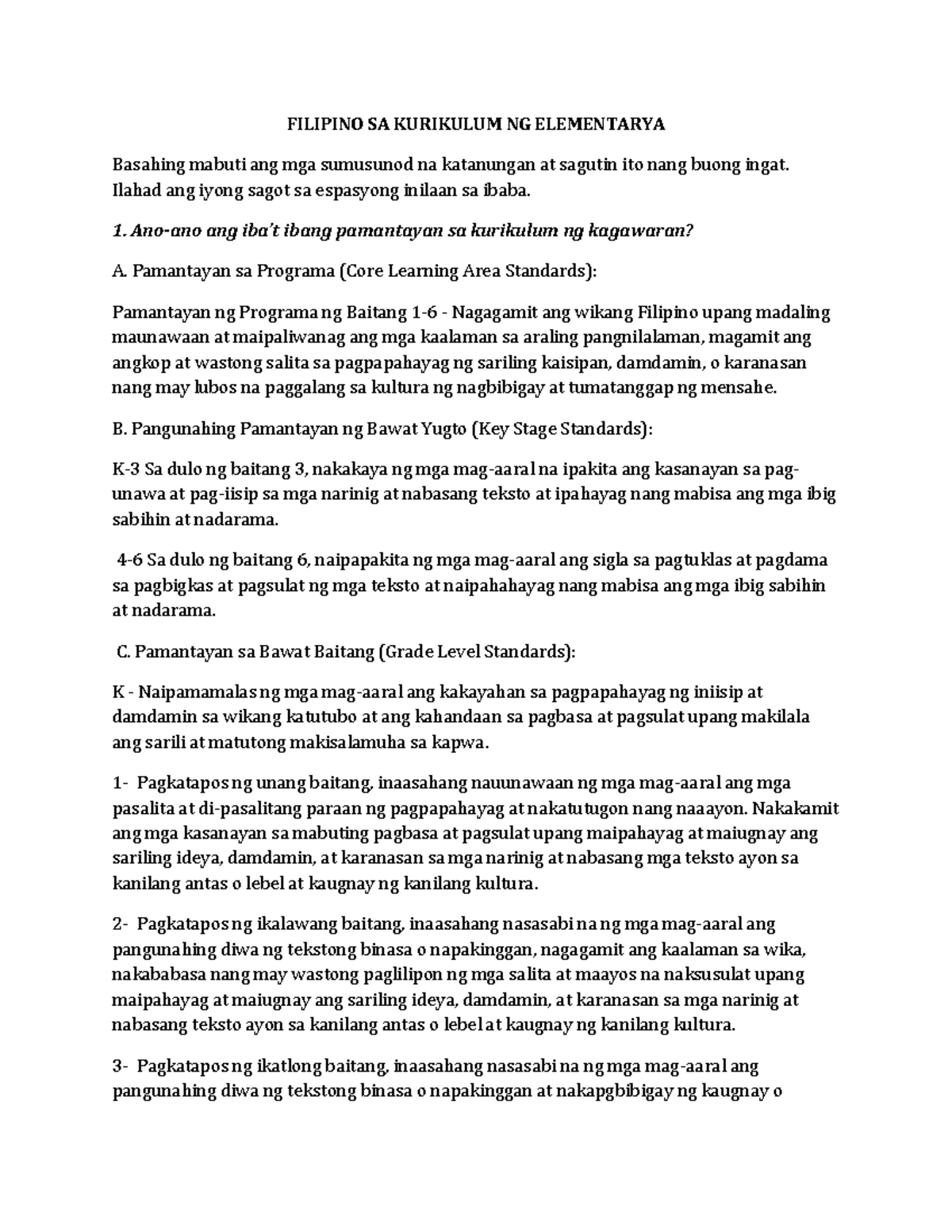 Filipino Curriculum Standards for Elementary Education: A Comprehensive ...