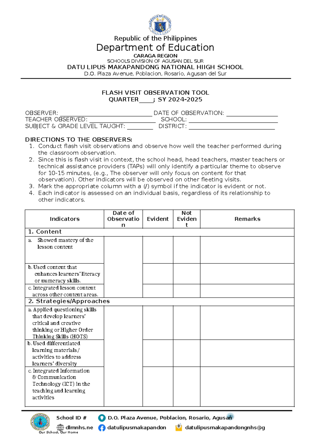 Flash Visit Observation Tool - DLMNHS 24 School Year 2024 - Studocu
