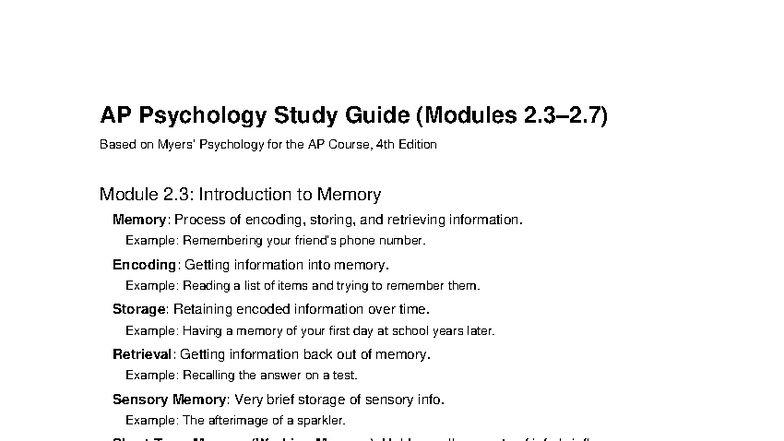 AP Psychology Study Guide: Memory Concepts (Modules 2.3-2.7) - Studocu