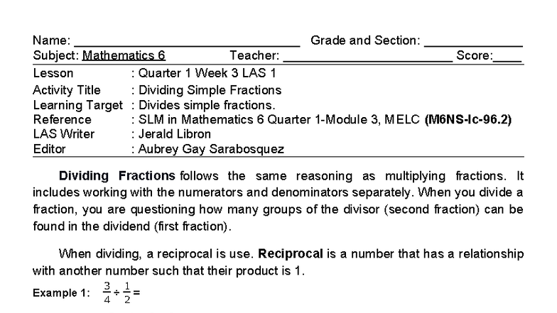 Math 6 Q1 W3 LAS 1: Dividing Simple Fractions Guide - Studocu