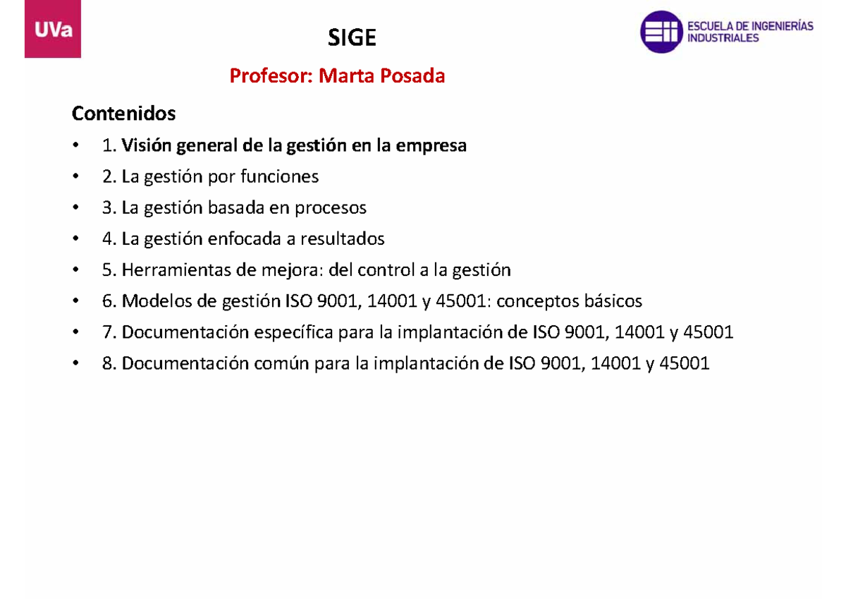 Tema SIGE T1: Gestión Empresarial y Sostenibilidad - Prof. Marta Posada ...
