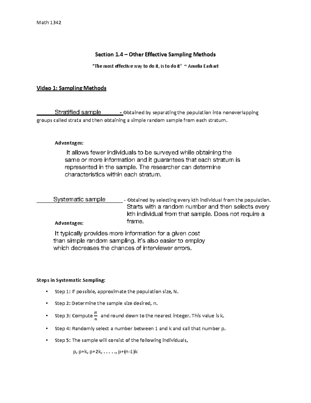 Math 1342 Dr. Tarcia Hubert: Section 1.4 Sampling Methods Notes - Studocu