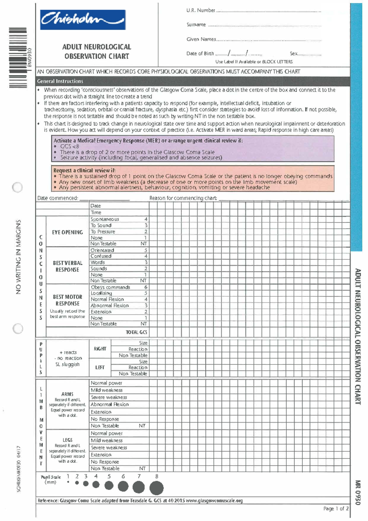 Adult Neuro Observation Chart: GCS Tracking & Assessment - Studocu