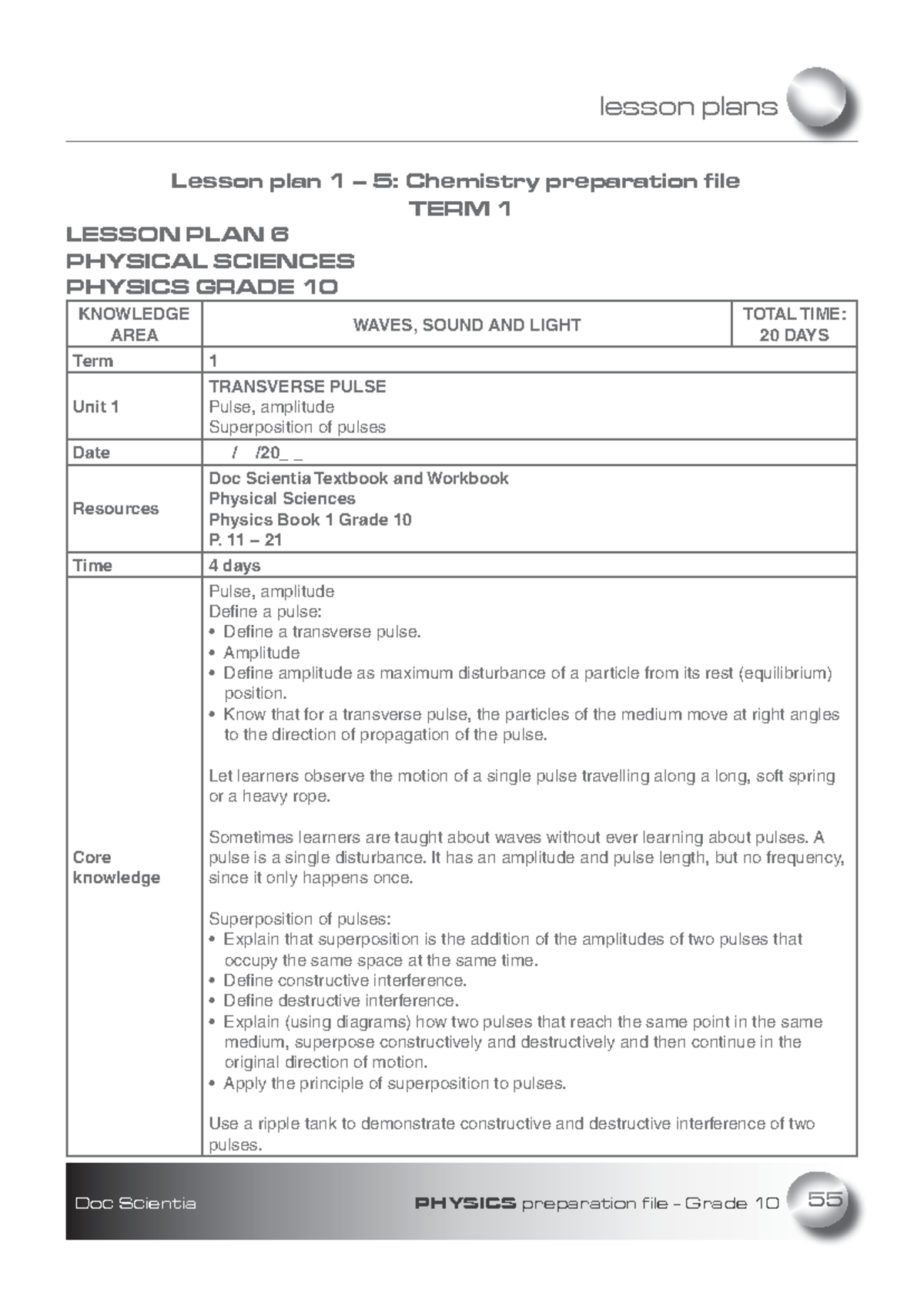 Grade 10 Physics Lesson Plan: Waves, Sound, and Light Concepts - Studocu