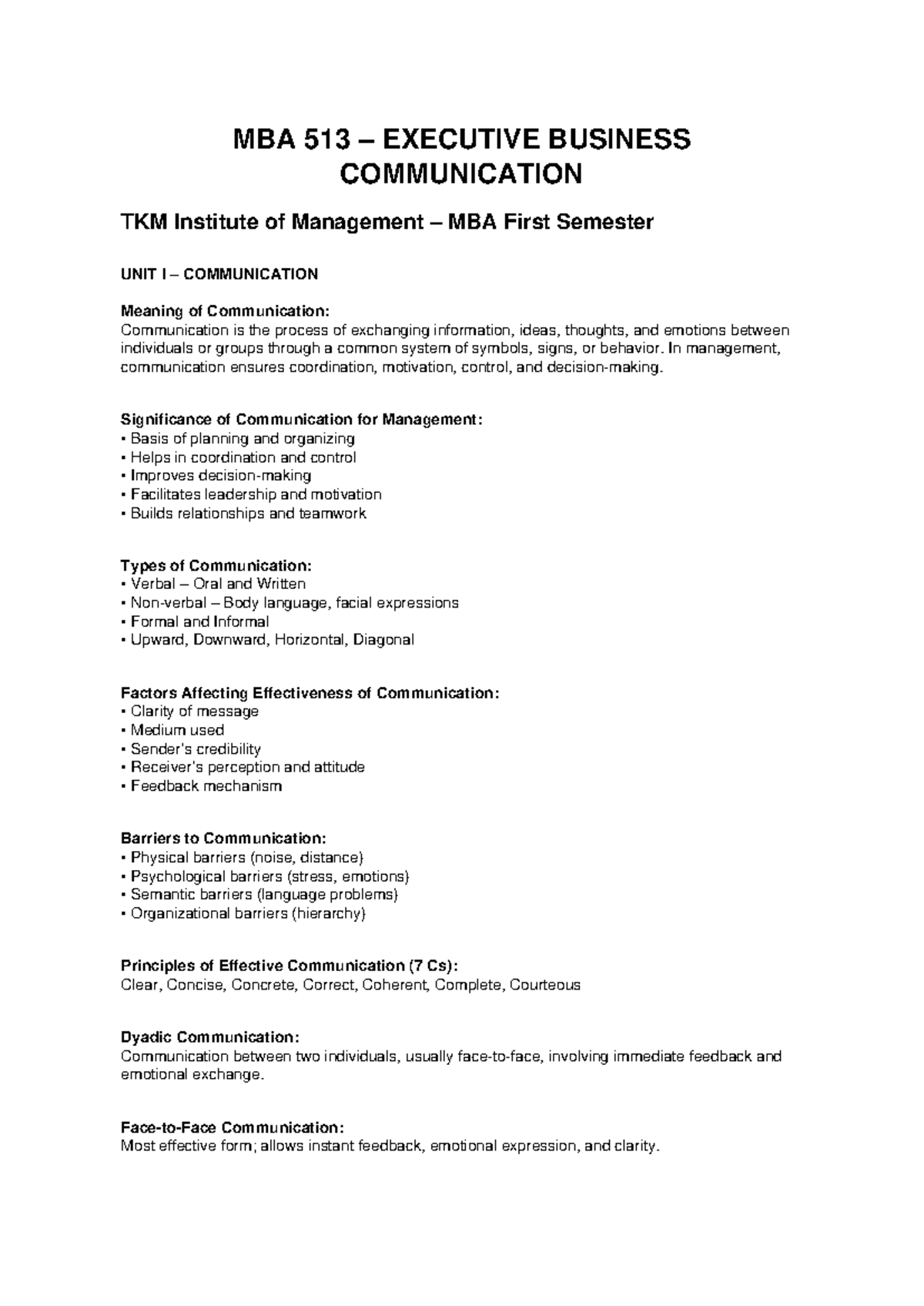 MBA 513 Executive Business Communication: Unit I & II Notes - Studocu