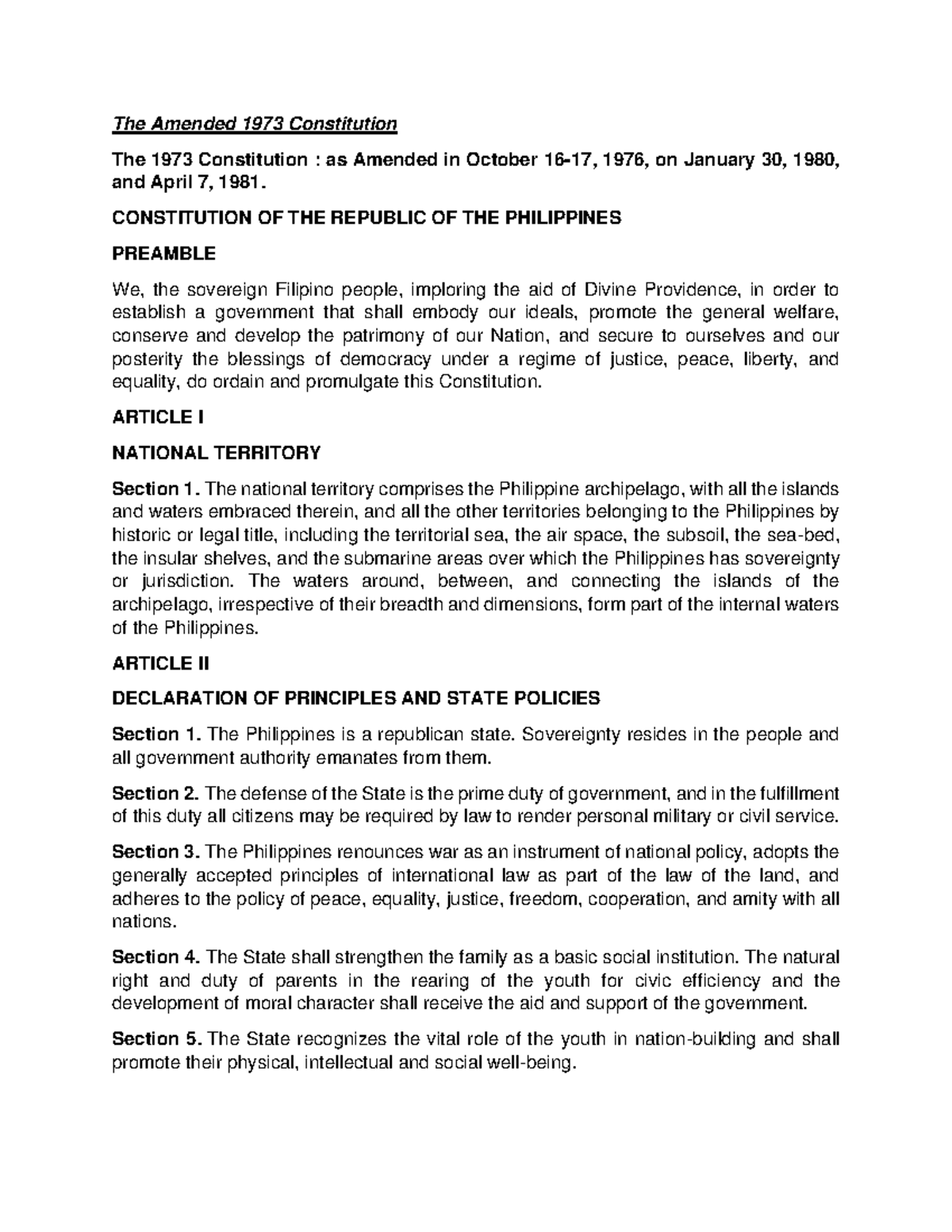 The Full Text of the Amended 1973 Philippine Constitution - Studocu