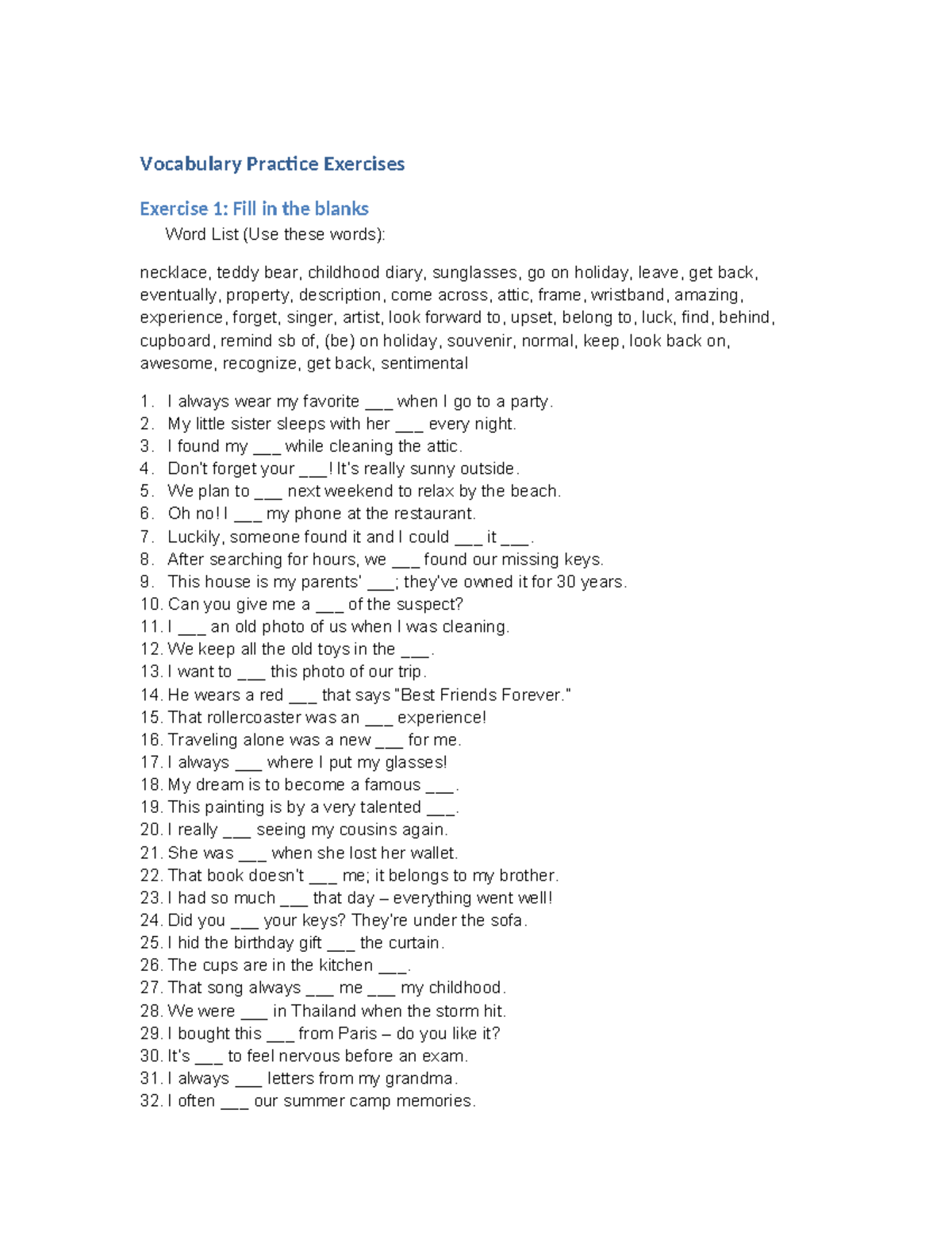 Vocabulary Practice Exercises: Fill in the Blanks and More - Studocu