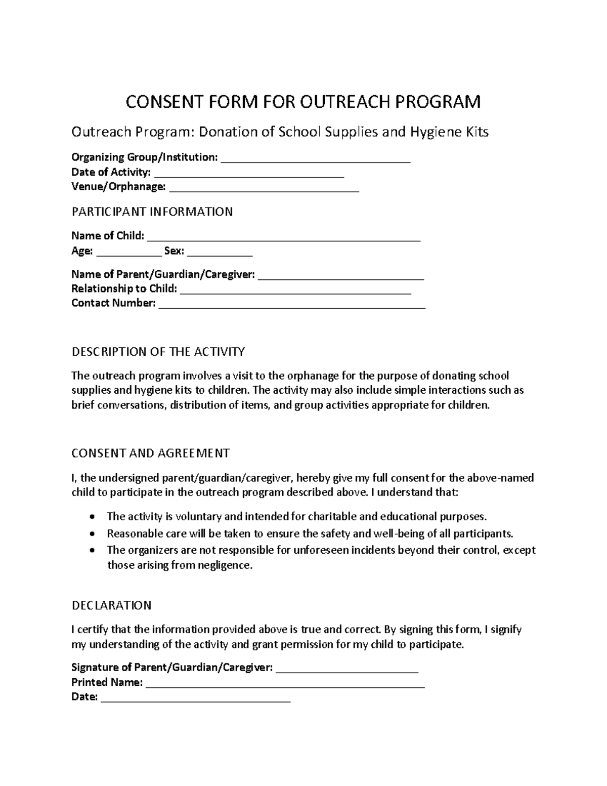 Outreach Program Consent Form for Donation Activities - Studocu