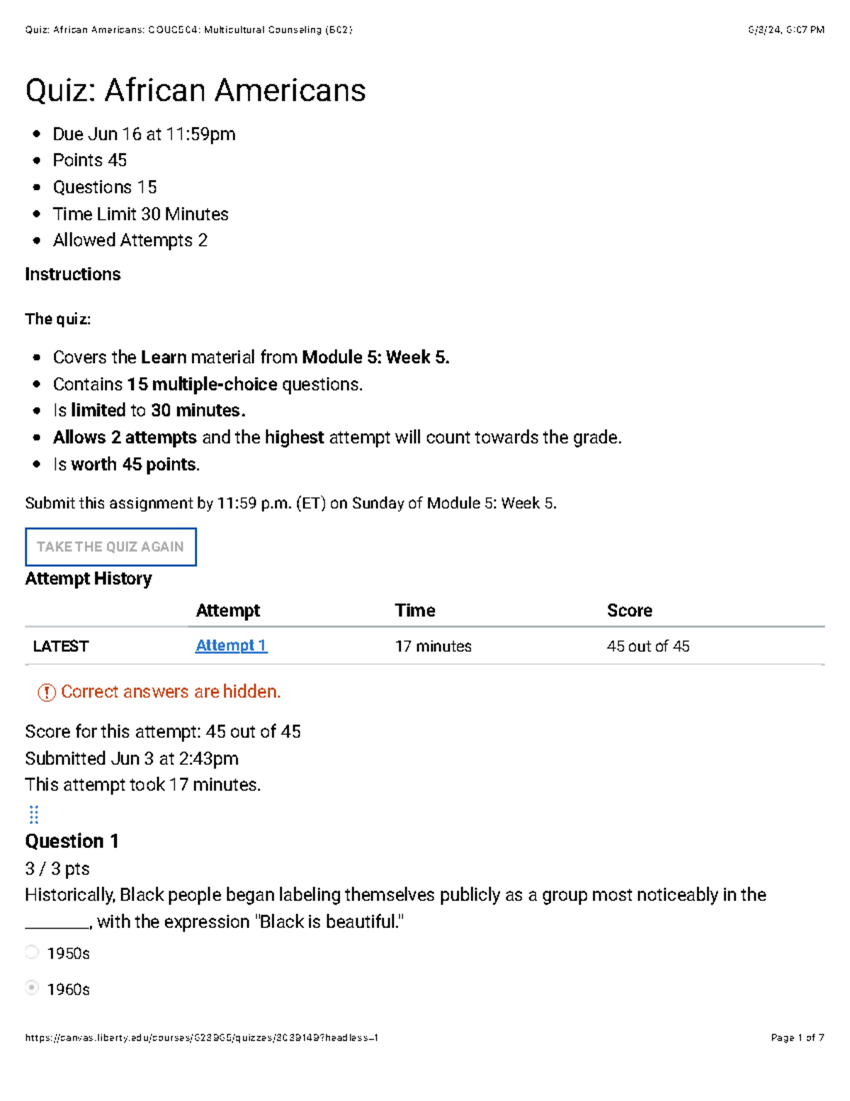 Quiz: African Americans Overview - COUC504 Multicultural Counseling ...