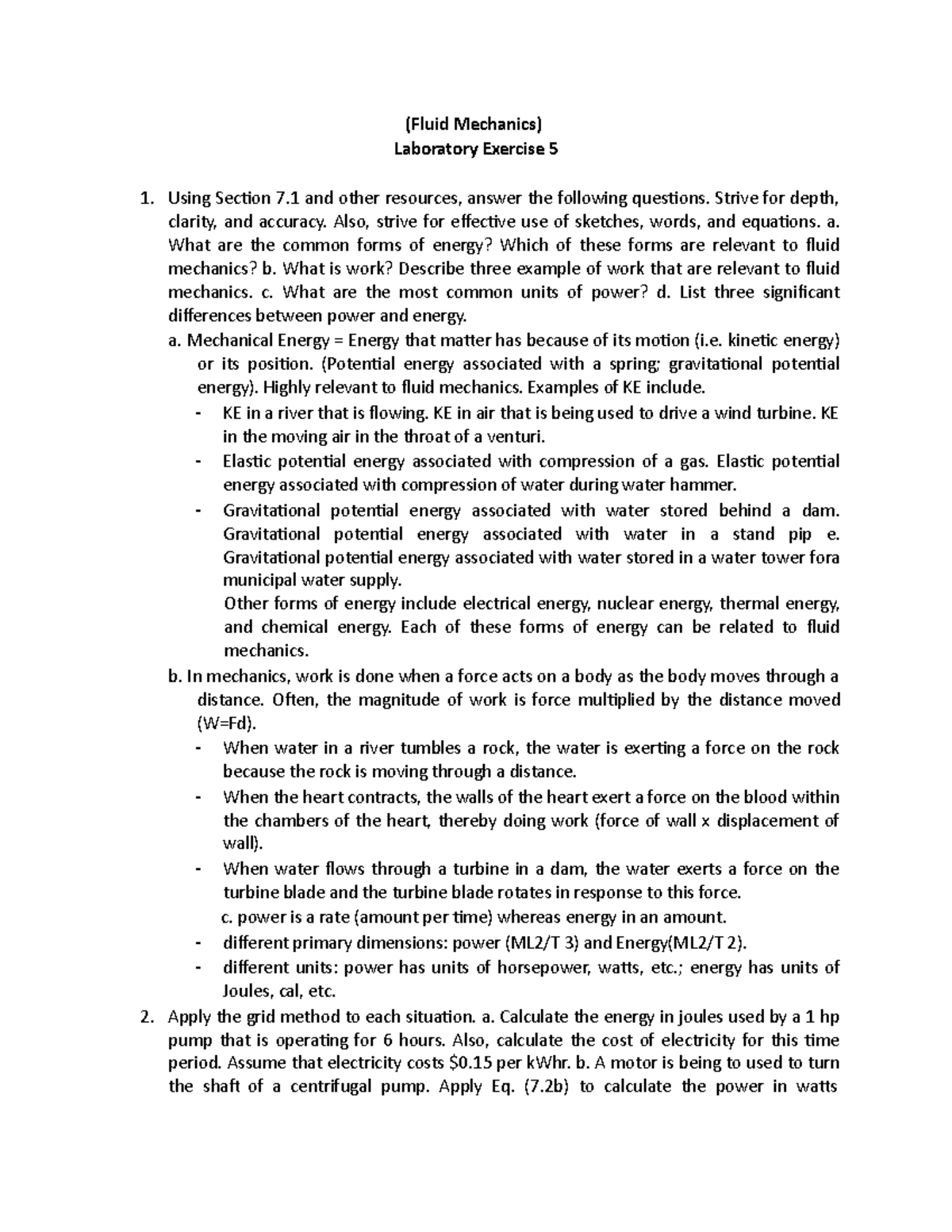 Fluid Mechanics Lab Exercise 5: Understanding Energy & Work Concepts ...