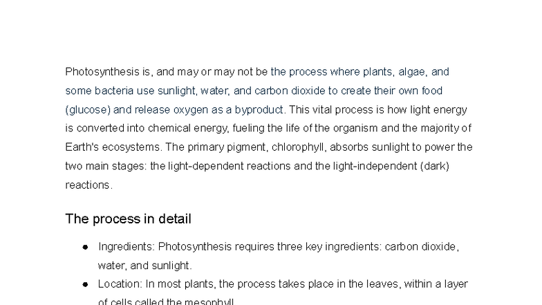 Photosynthesis - Key Concepts and Processes Summary - Studocu