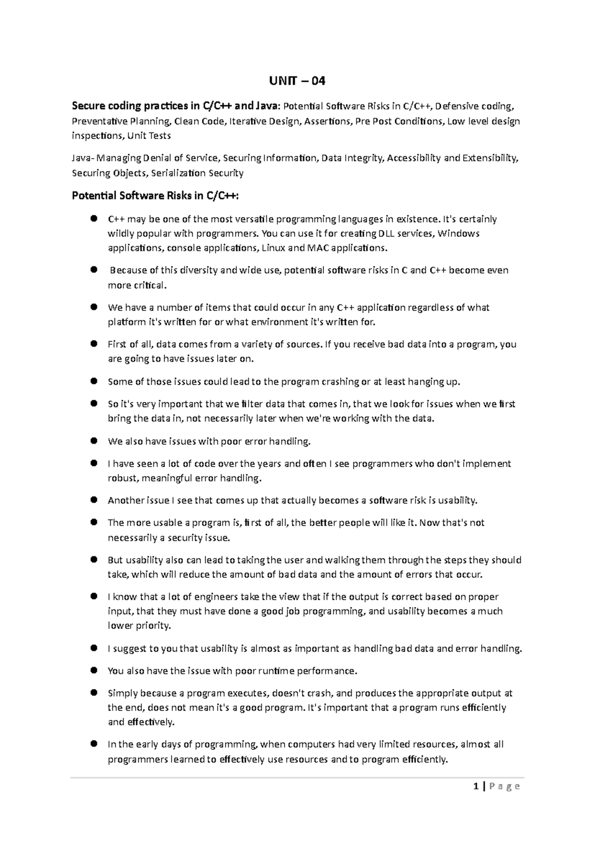 SCT unit 4 - nice material - UNIT – 04 Secure coding practices in C/C++ and Java: Potential ...