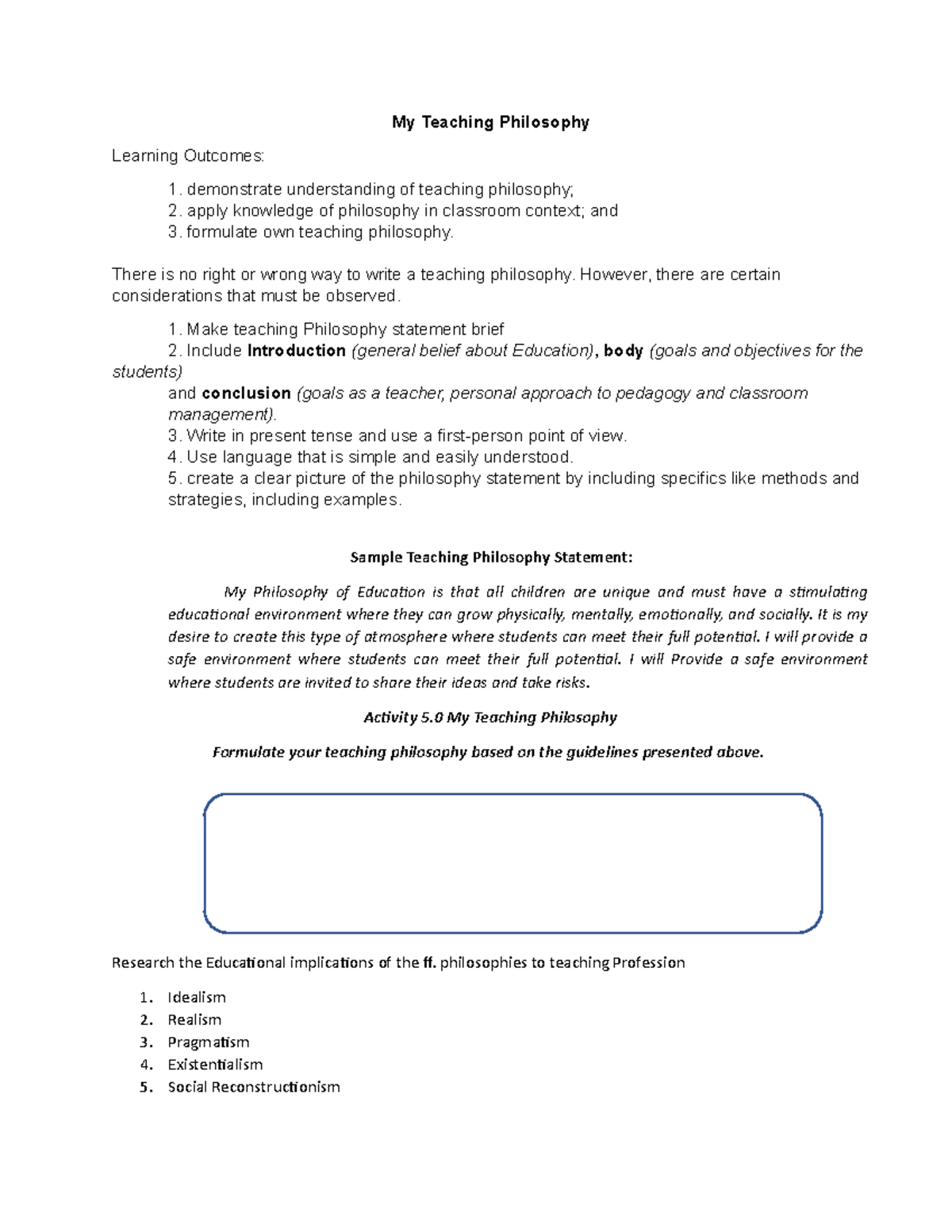 Teaching Philosophy Guide: Formulating Your Own Approach - Studocu