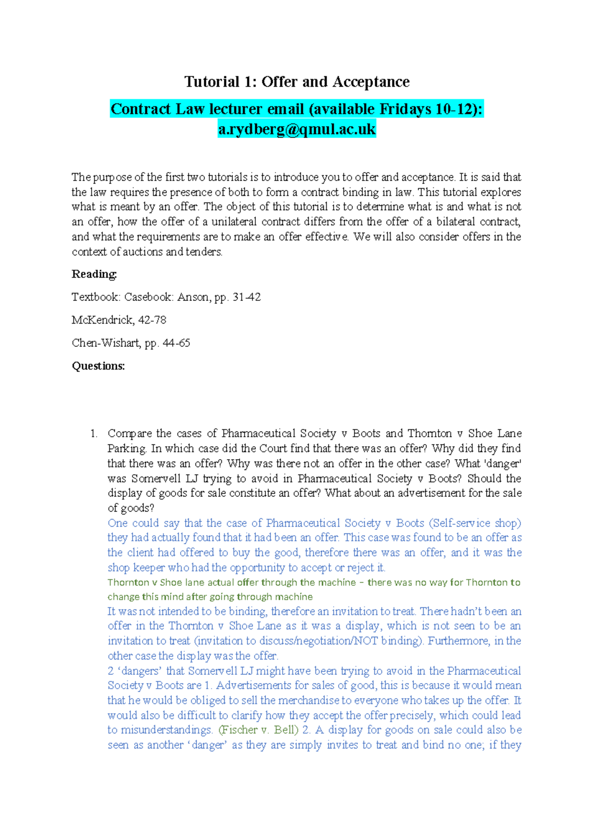 Questions Tutorial 1- offer & agreement - Tutorial 1: Offer and ...