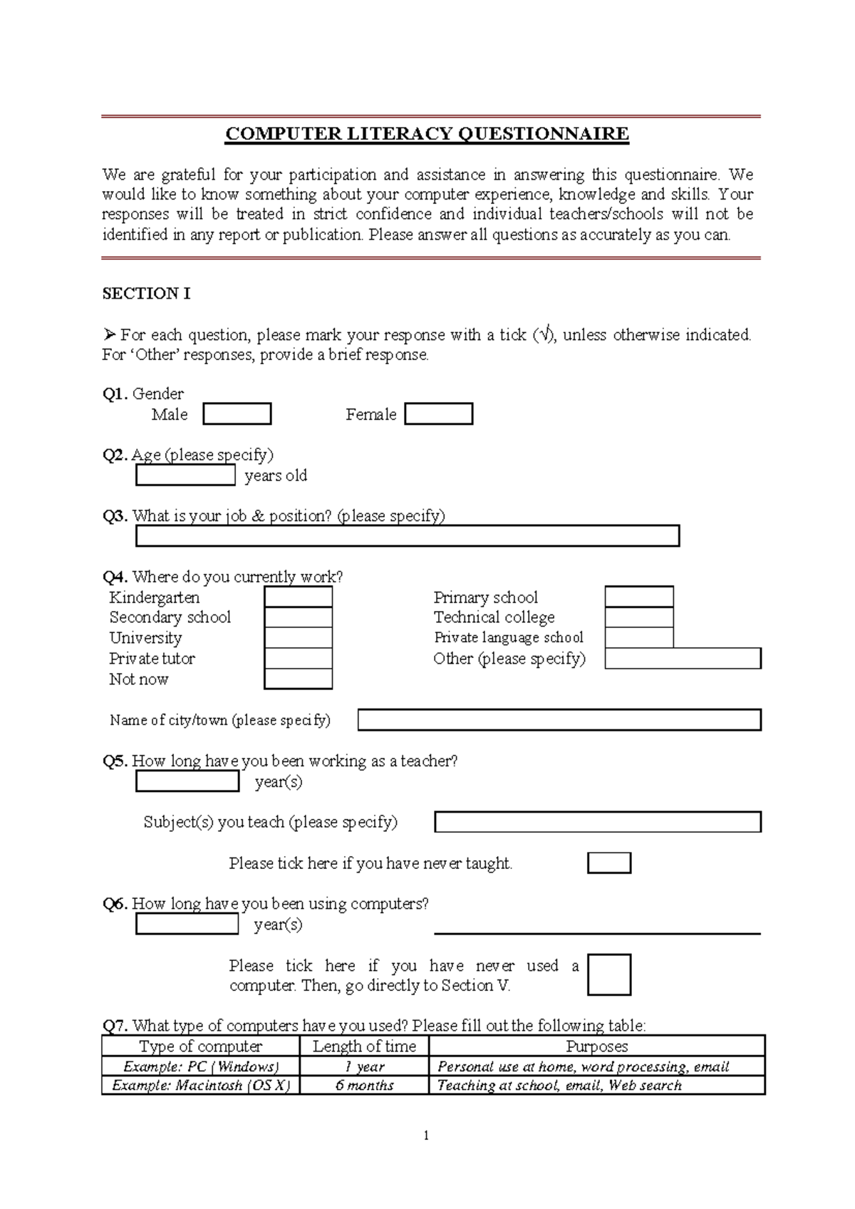 COMPUTER LITERACY QUESTIONNAIRE: Assessing Skills & Experience - Studocu