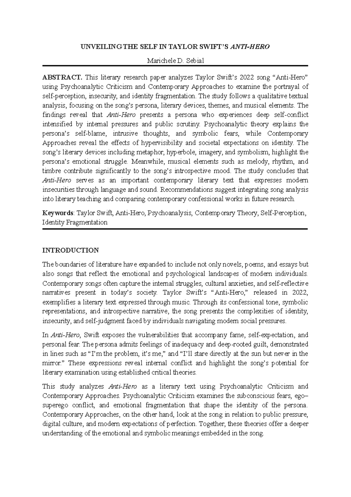 Psychoanalytic Analysis of Identity in Taylor Swift's 2022 Song - Studocu