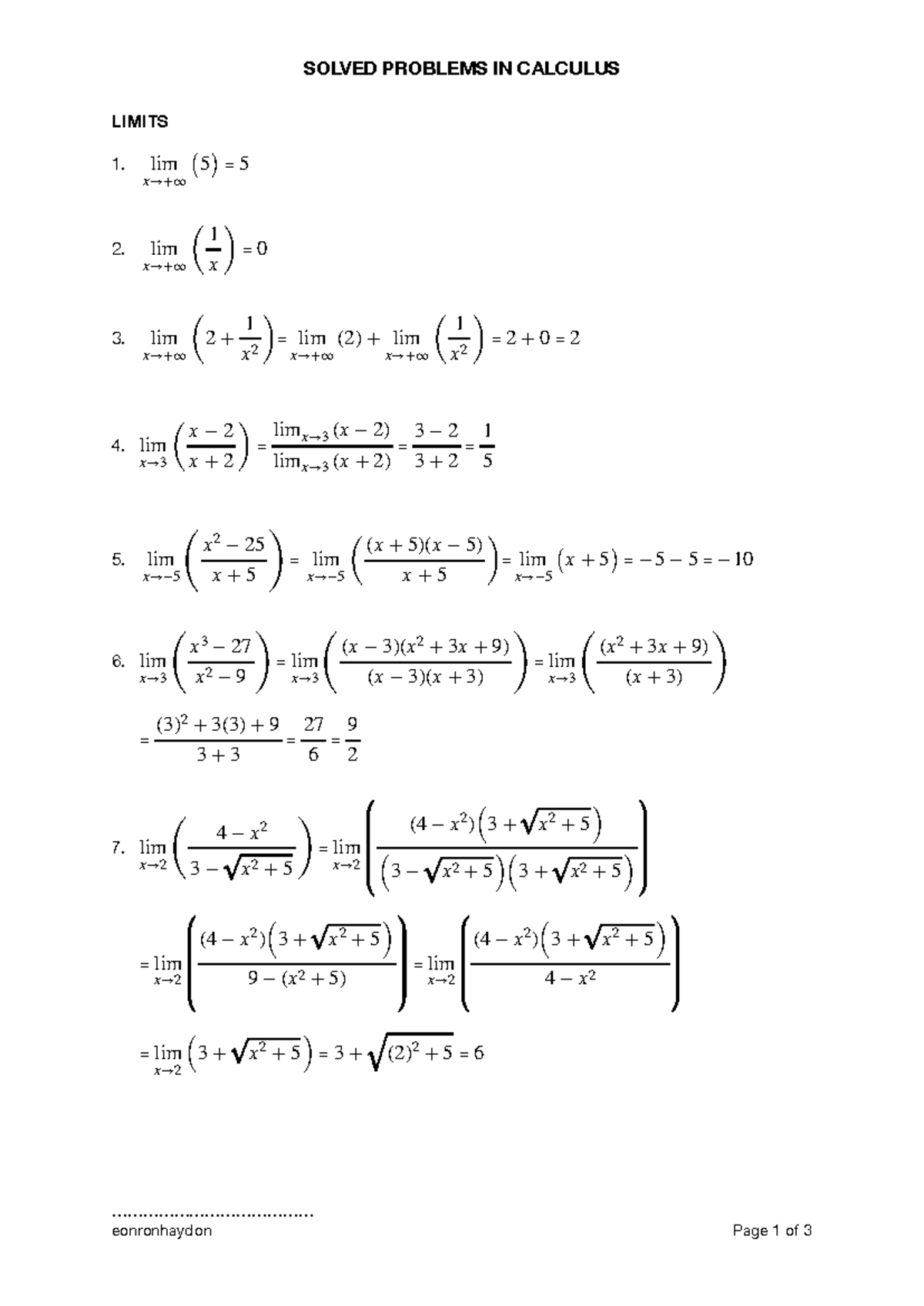 Solved Problems - Limits - SOLVED PROBLEMS IN CALCULUS LIMITS