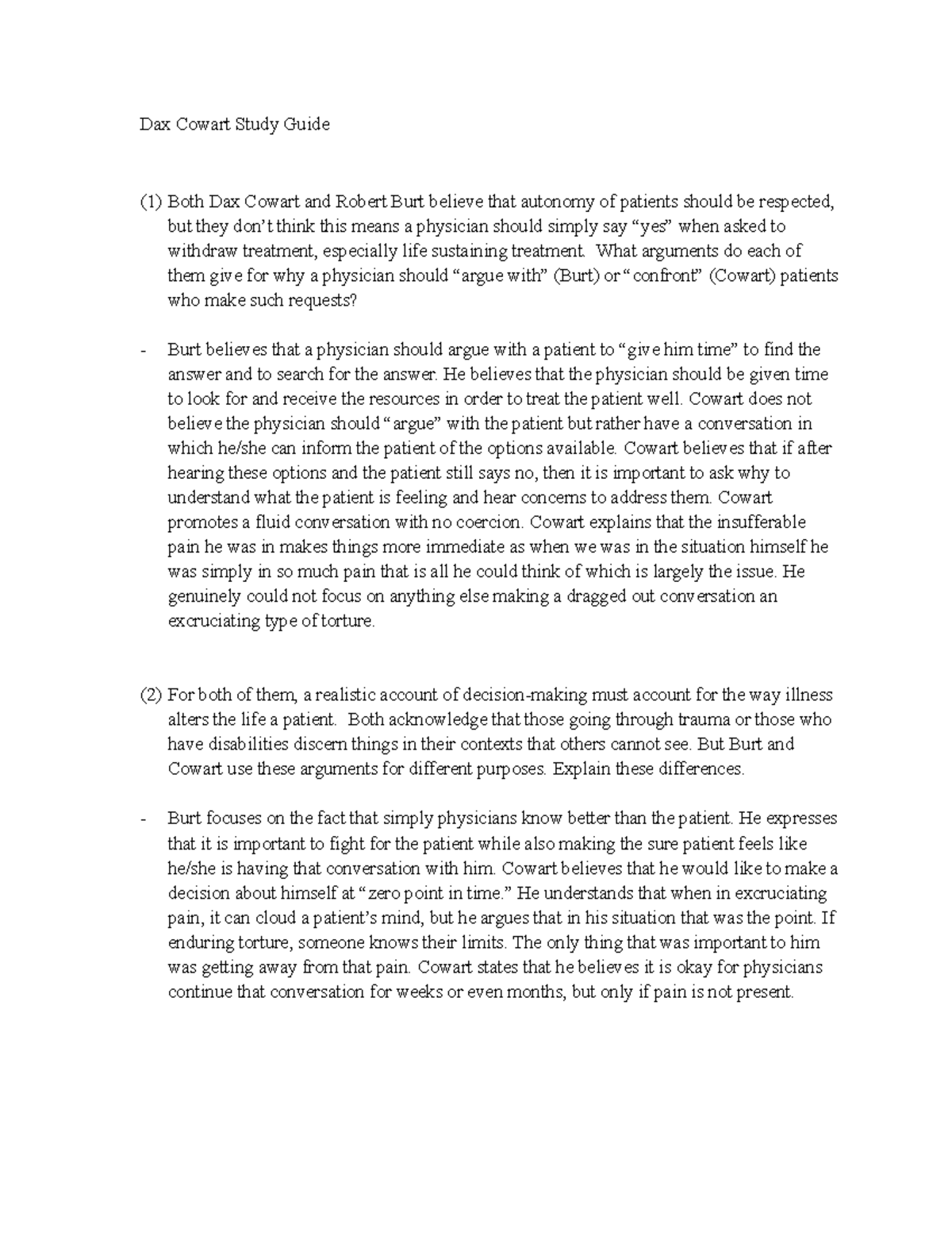 Dax Cowart Study Guide: Autonomy in Patient Care Decisions - Studocu