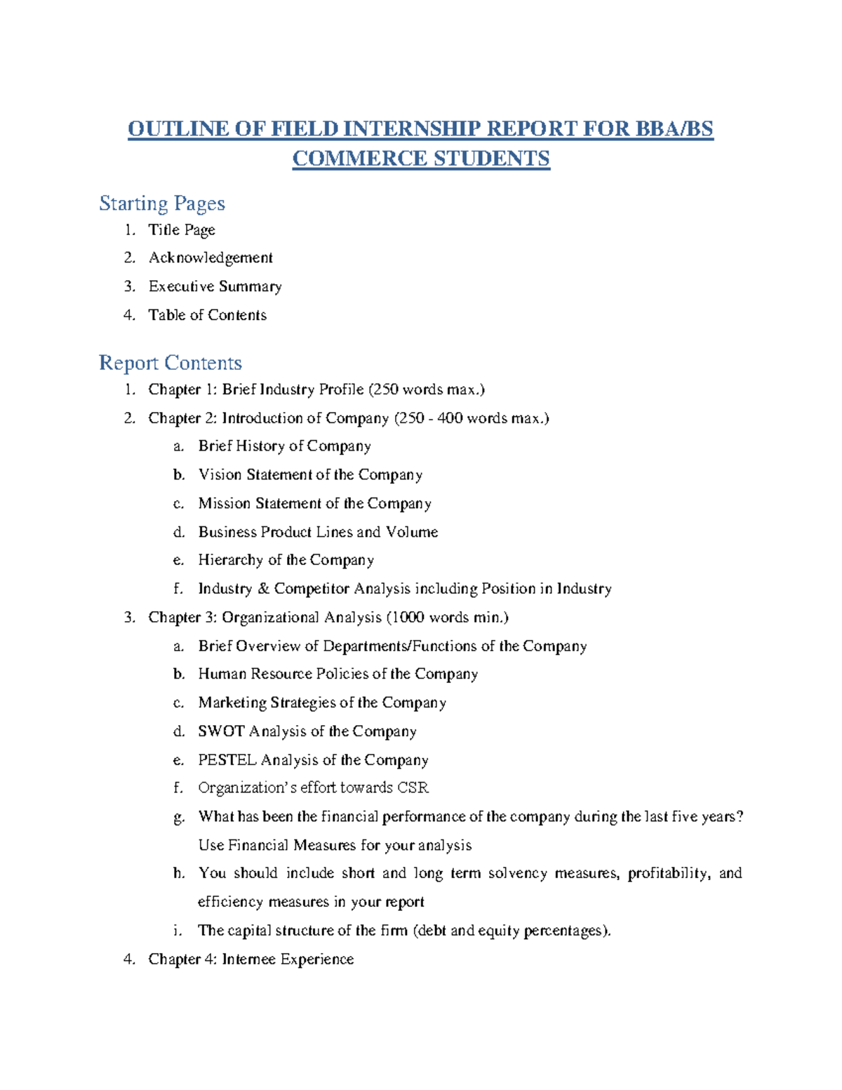 BBA/BS Field Internship Report Outline: Preparing for Success - Studocu