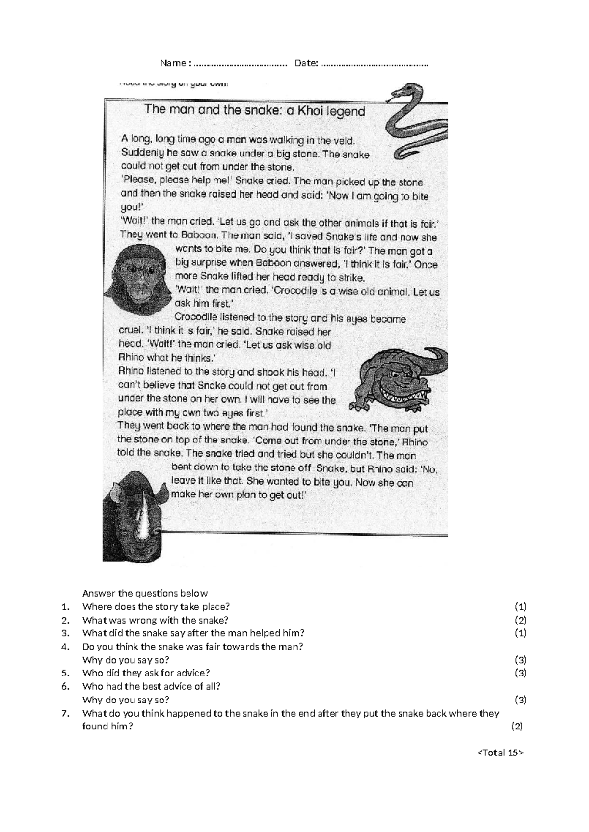 00 the man and the snake - comprehensio test question and passage ...