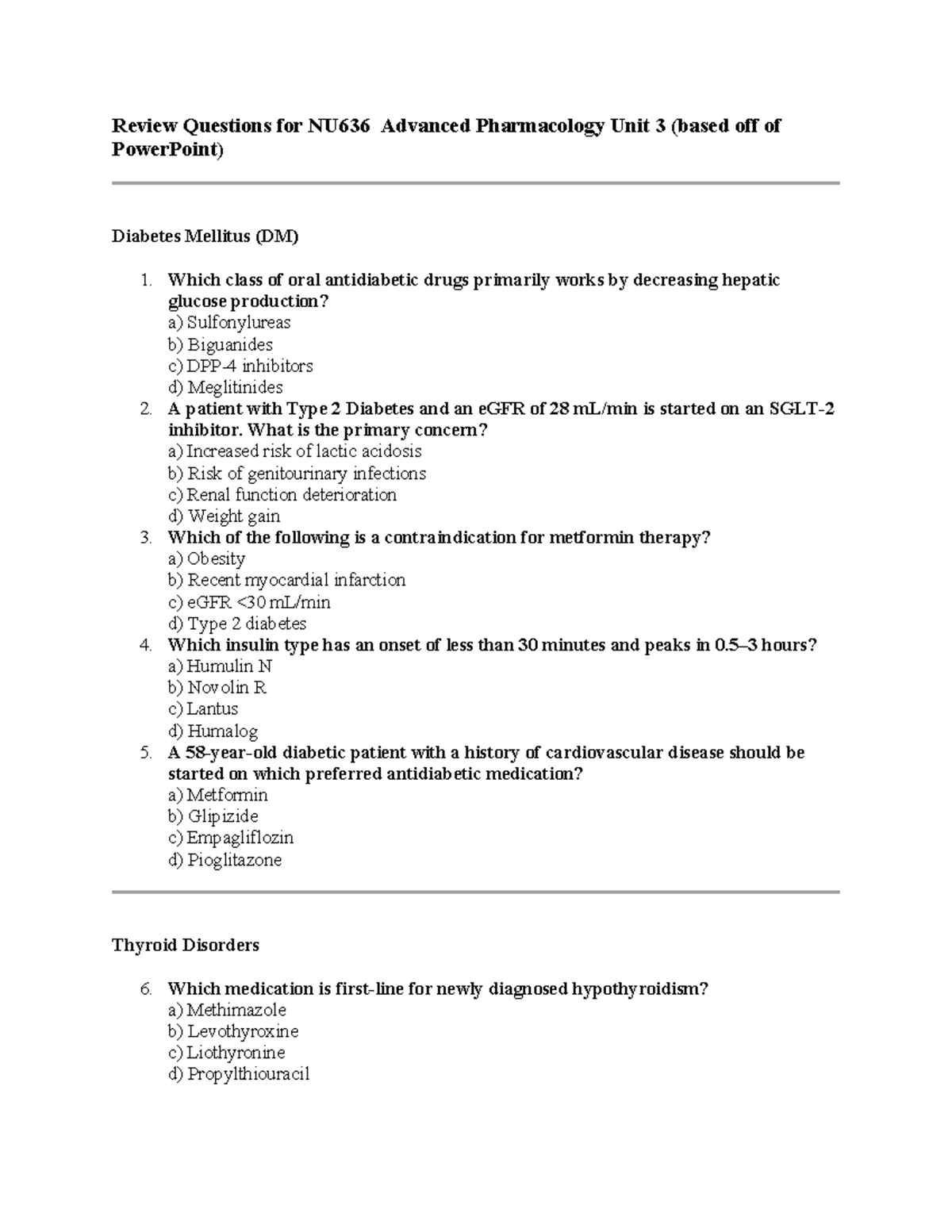 Review Questions for NU636 Advanced Pharmacology Unit 3 - Diabetes ...