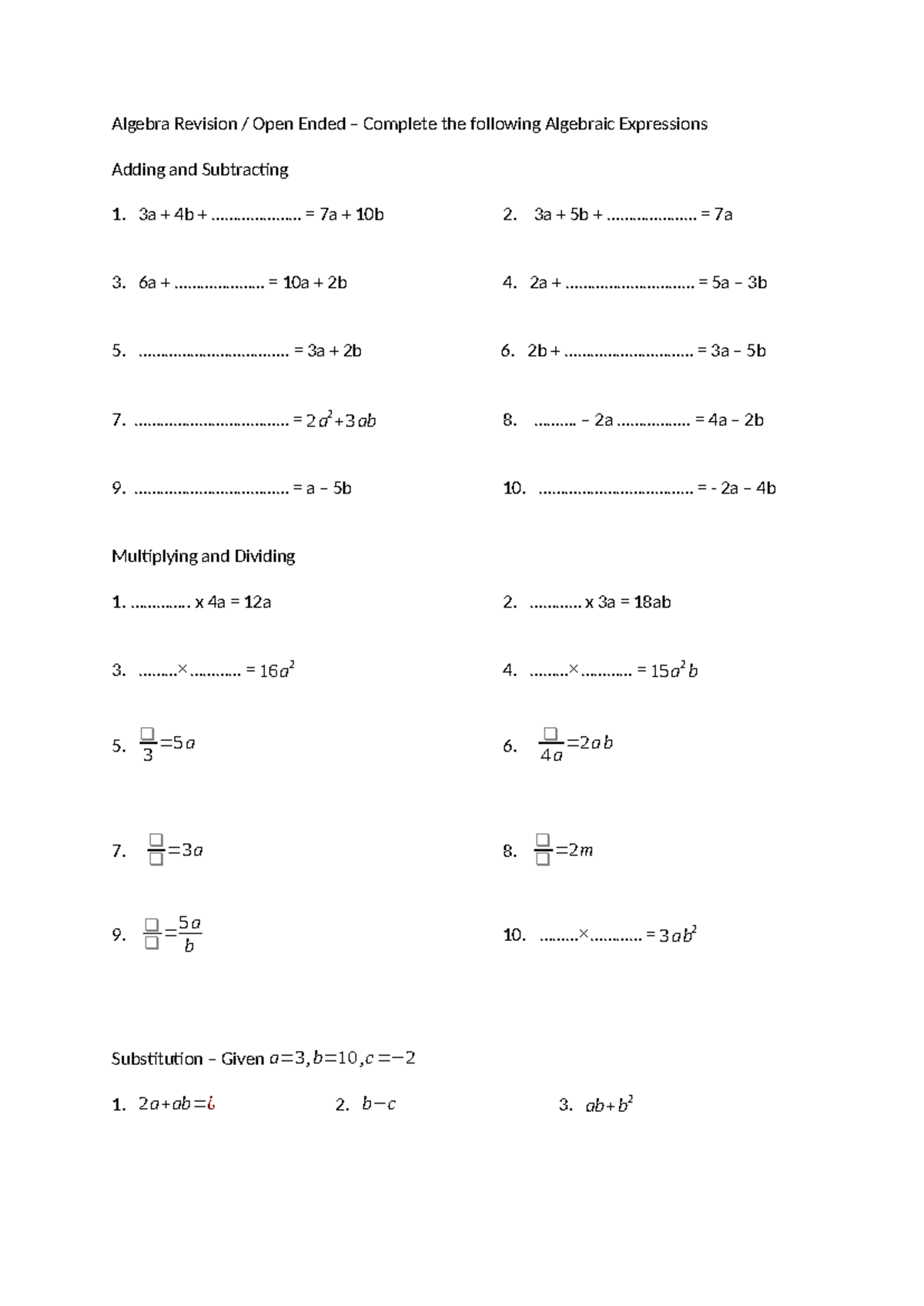 Algebra Revision - Open Ended Exercises & Solutions (Algebra 101) - Studocu